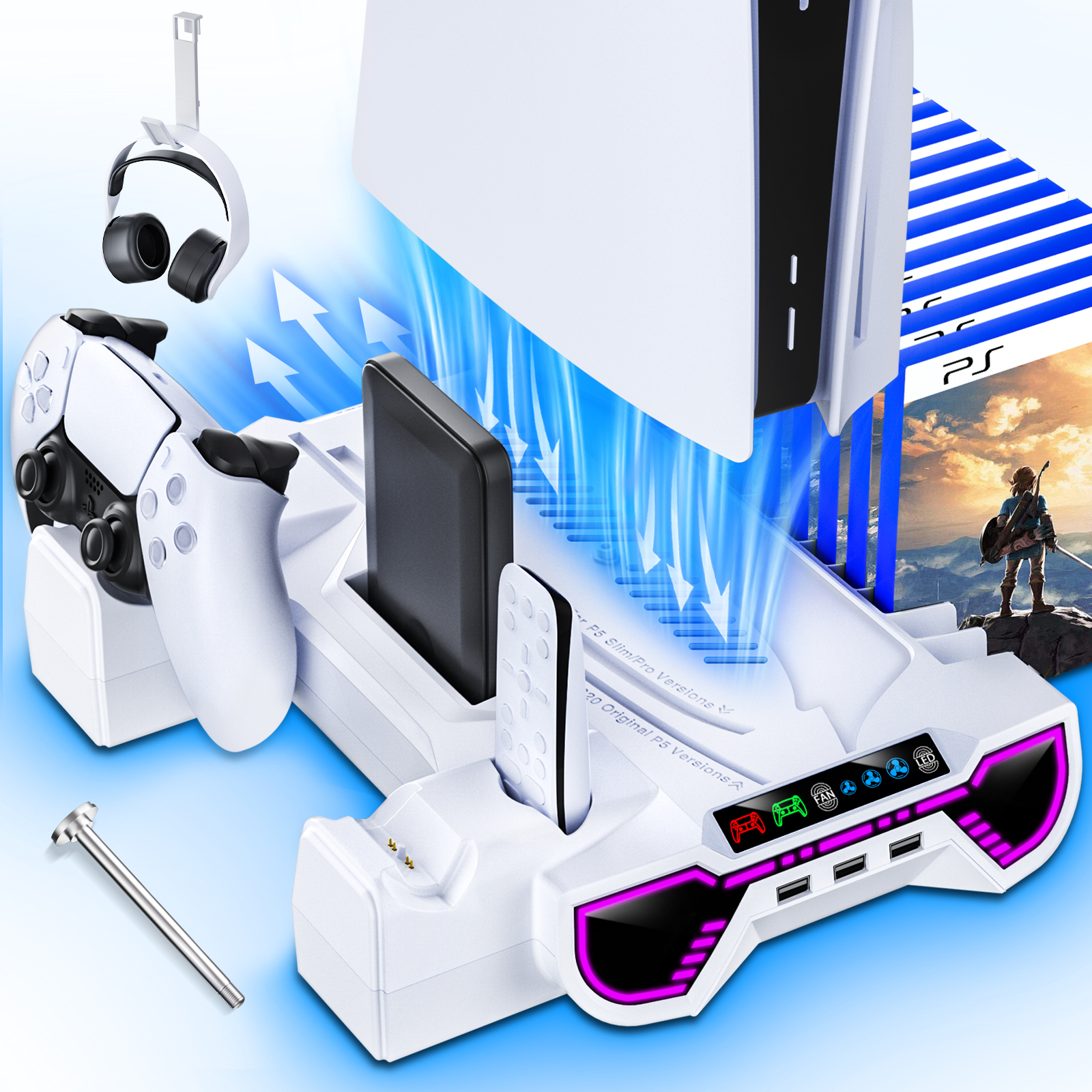 PS5 Stand with Cooling Fan, PS5 Cooling Station with Dual Controller ...