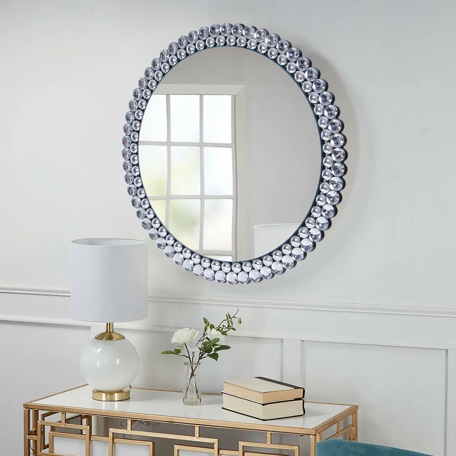 AUA CROWN 24 inches Round Home Mirror Wall Decor with Rhinestone and ...