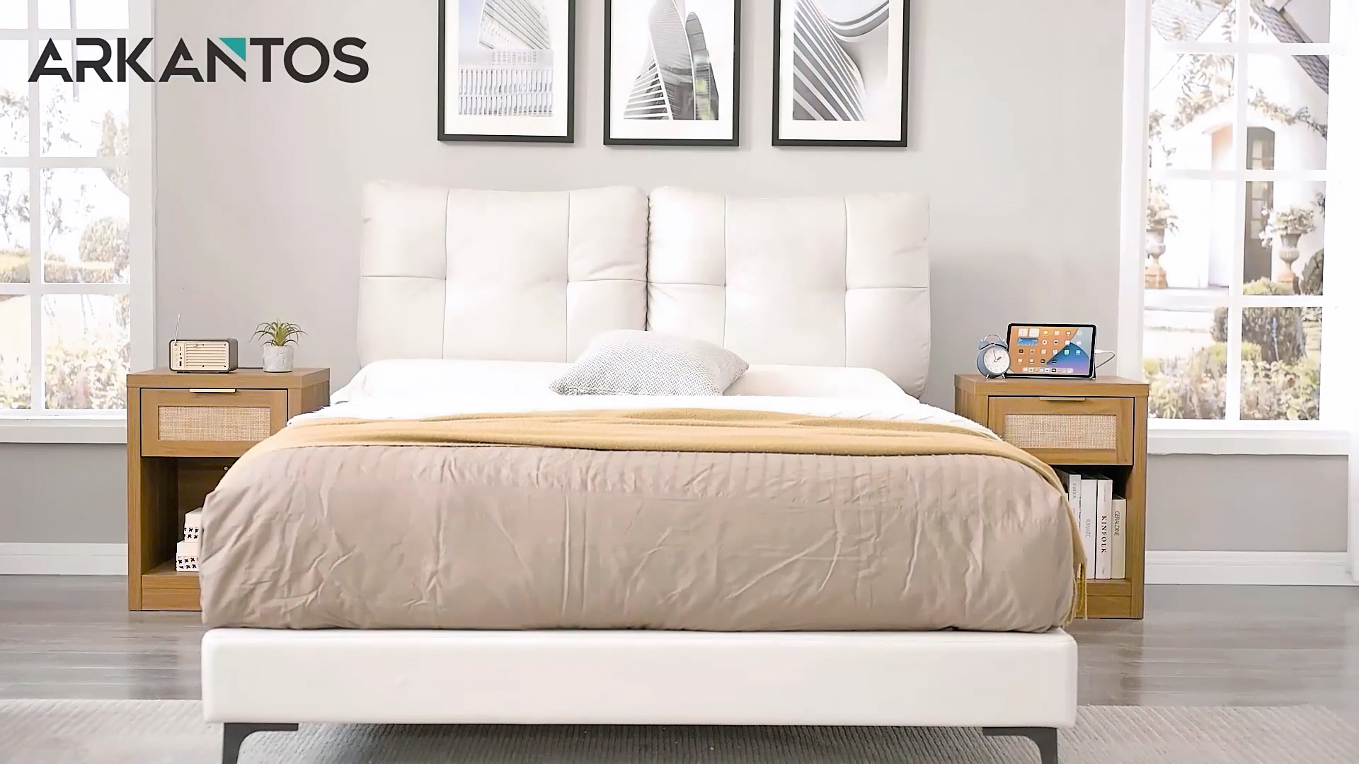 ARKANTOS Rattan Nightstand with Charging Station Set of 2 Bedside Table ...