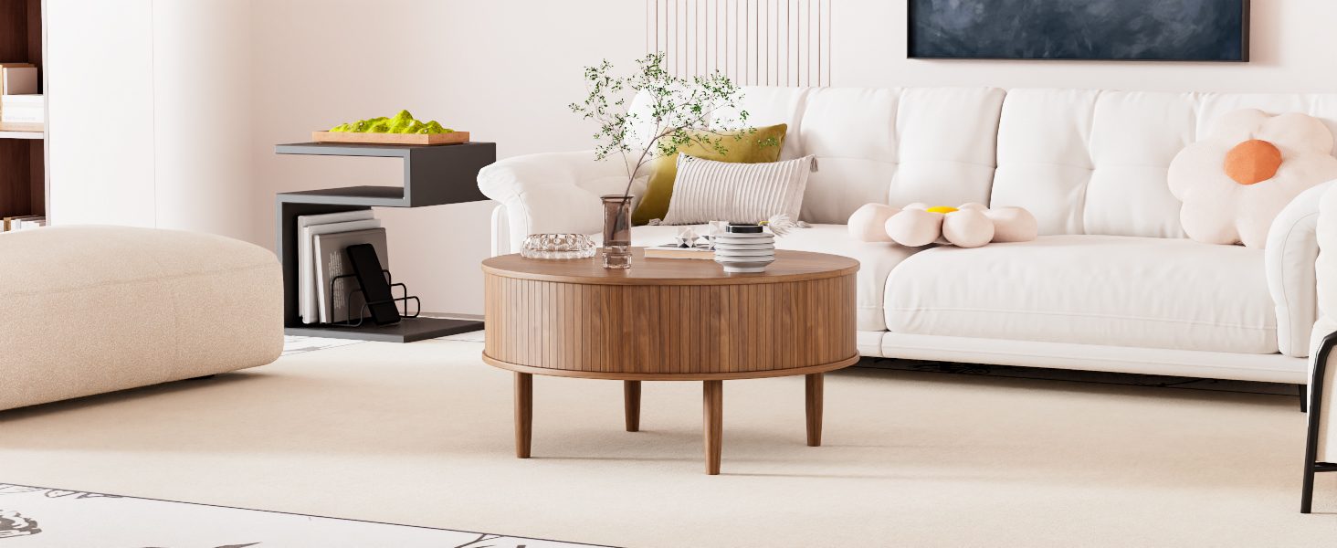Oubayajia Round Coffee Table, Small Fluted Lift Top Center Table for ...