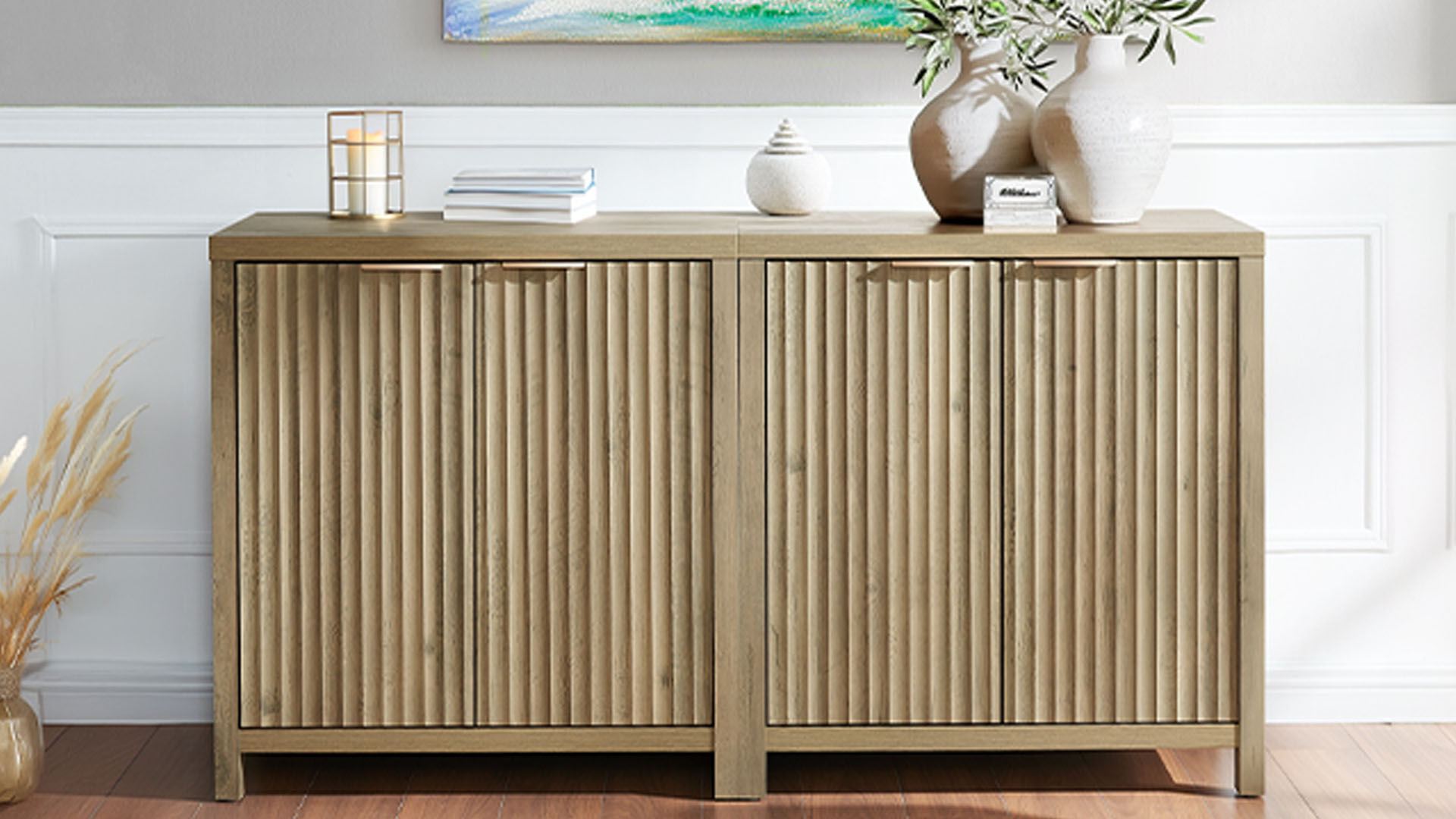 KANTOS Sideboard Buffet Cabinet with Fluted Panel Doors and Shelf, Charcoal Oak, Charcoal Oak ...