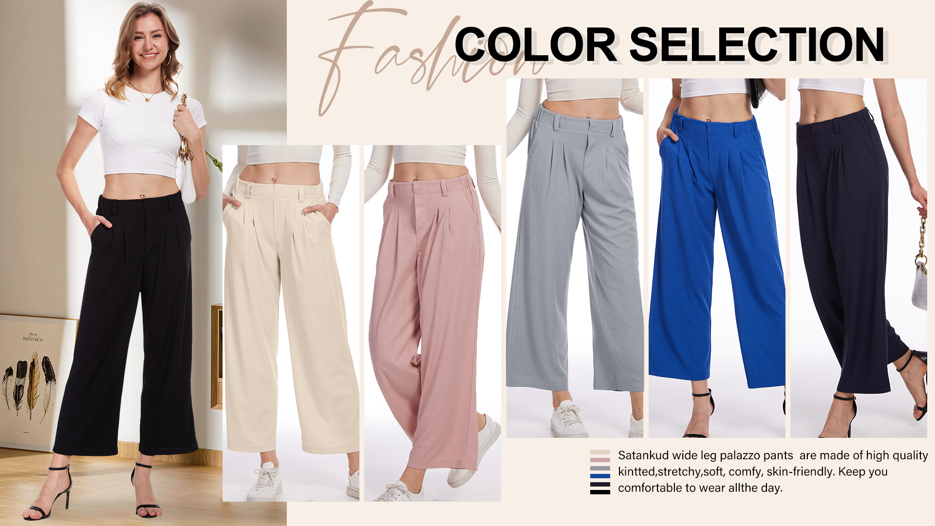 Satankud Women's Wide Leg Pants 27" High Waisted Waffle Knit Casual ...