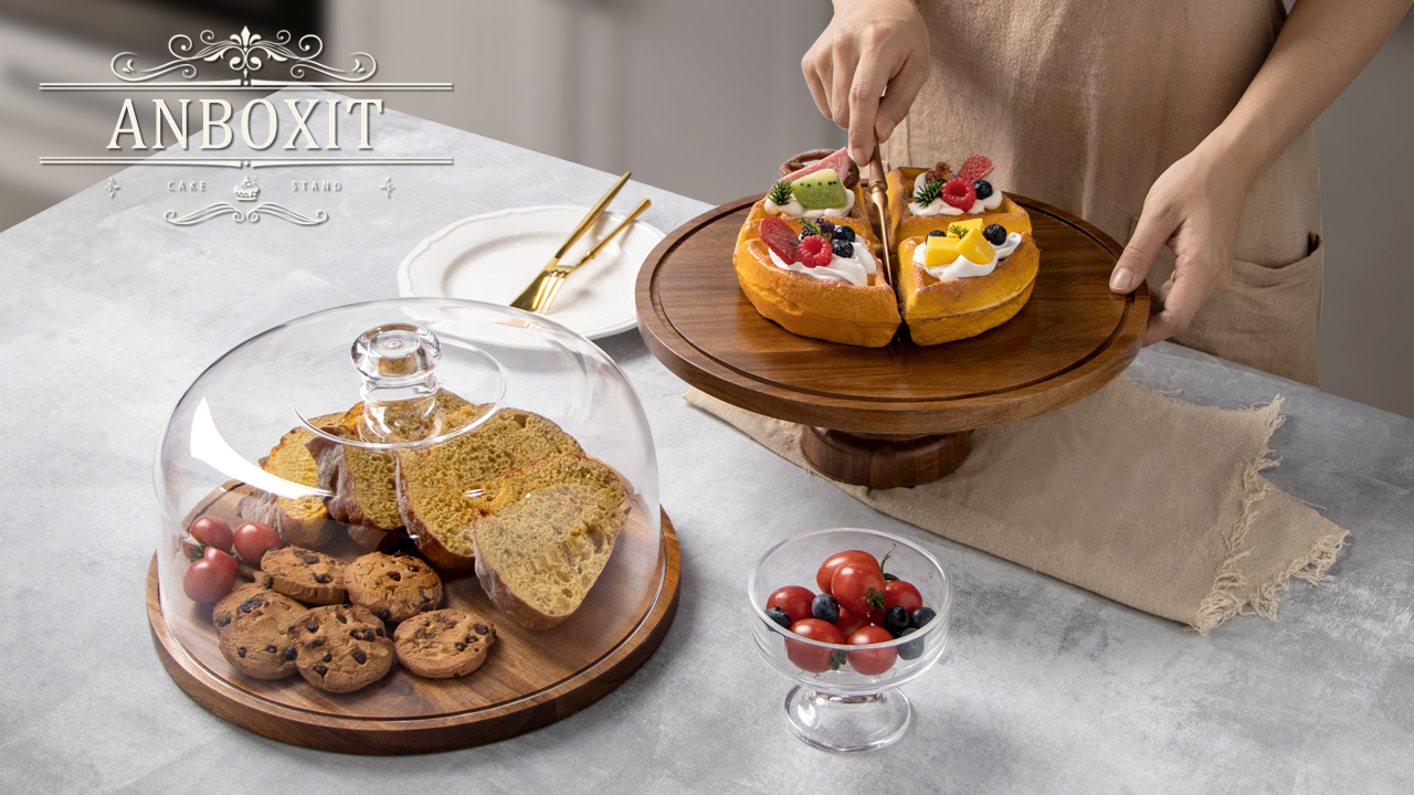 ANBOXIT Cake Stand with Dome Lid, Acacia Wood Cake Plate with Cover ...