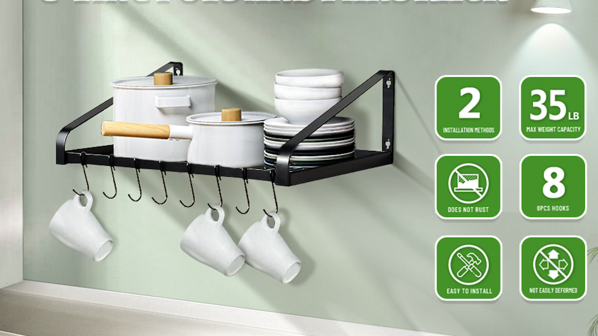 ZHOHO TANT Wall Mounted Pot Rack, Black Steel Hanging Shelf with 8 ...