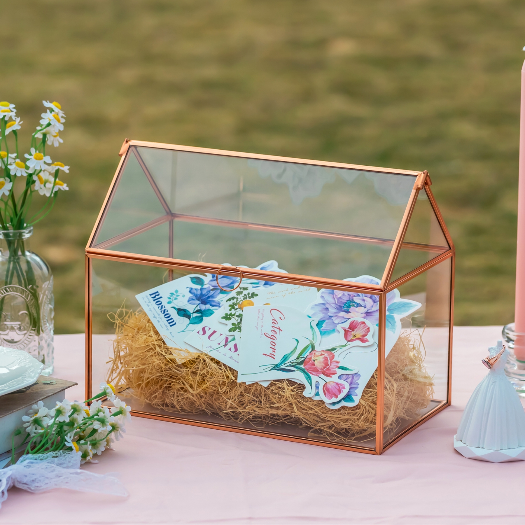 NCYP Rose Gold House Shape Glass Terrarium, Card Box for Wedding ...