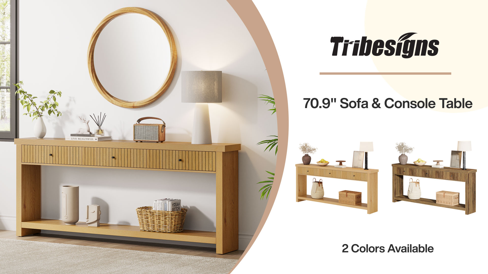 Tribesigns 3 Drawers Wood Console Table, 70.9 inch Entryway Table Oak ...