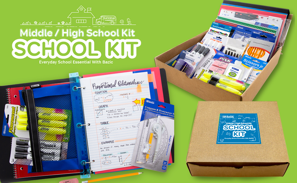 BAZIC Middle High School Kit Bundle Supplies Box 65 Count for Student 7 ...