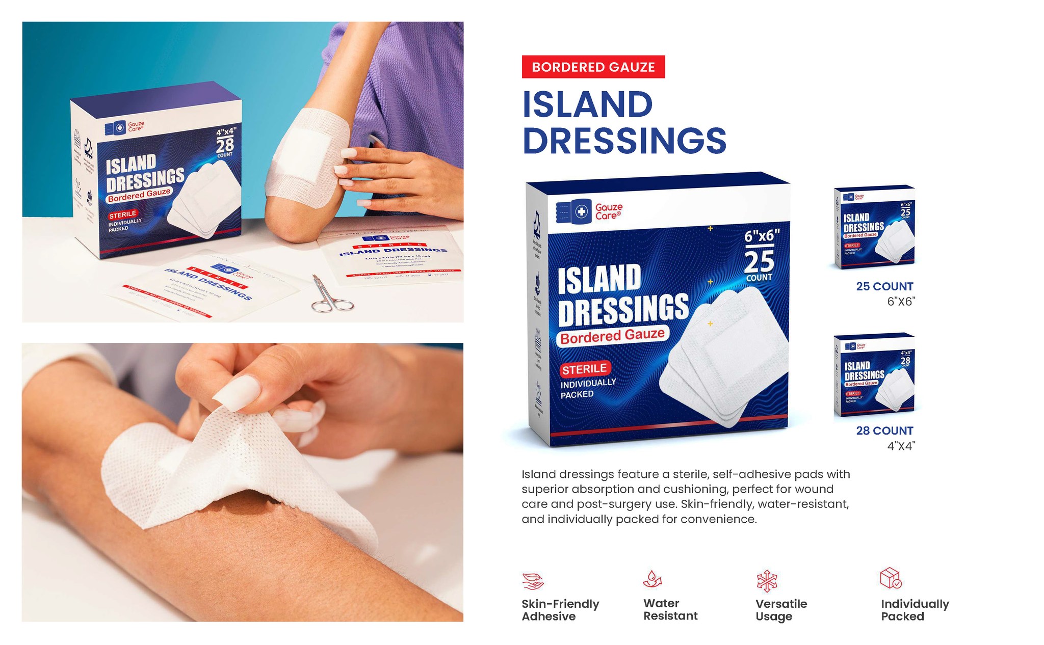 Gauze Care Island Dressing Bordered Gauze 6x6", 25 Pcs, Non-Stick Pad ...