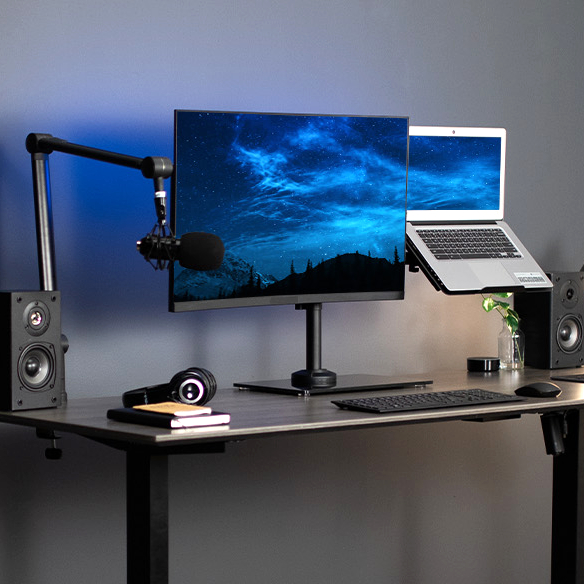 VIVO Dual Mount Adjustable Height Computer Screen Desk Stand with Glass ...