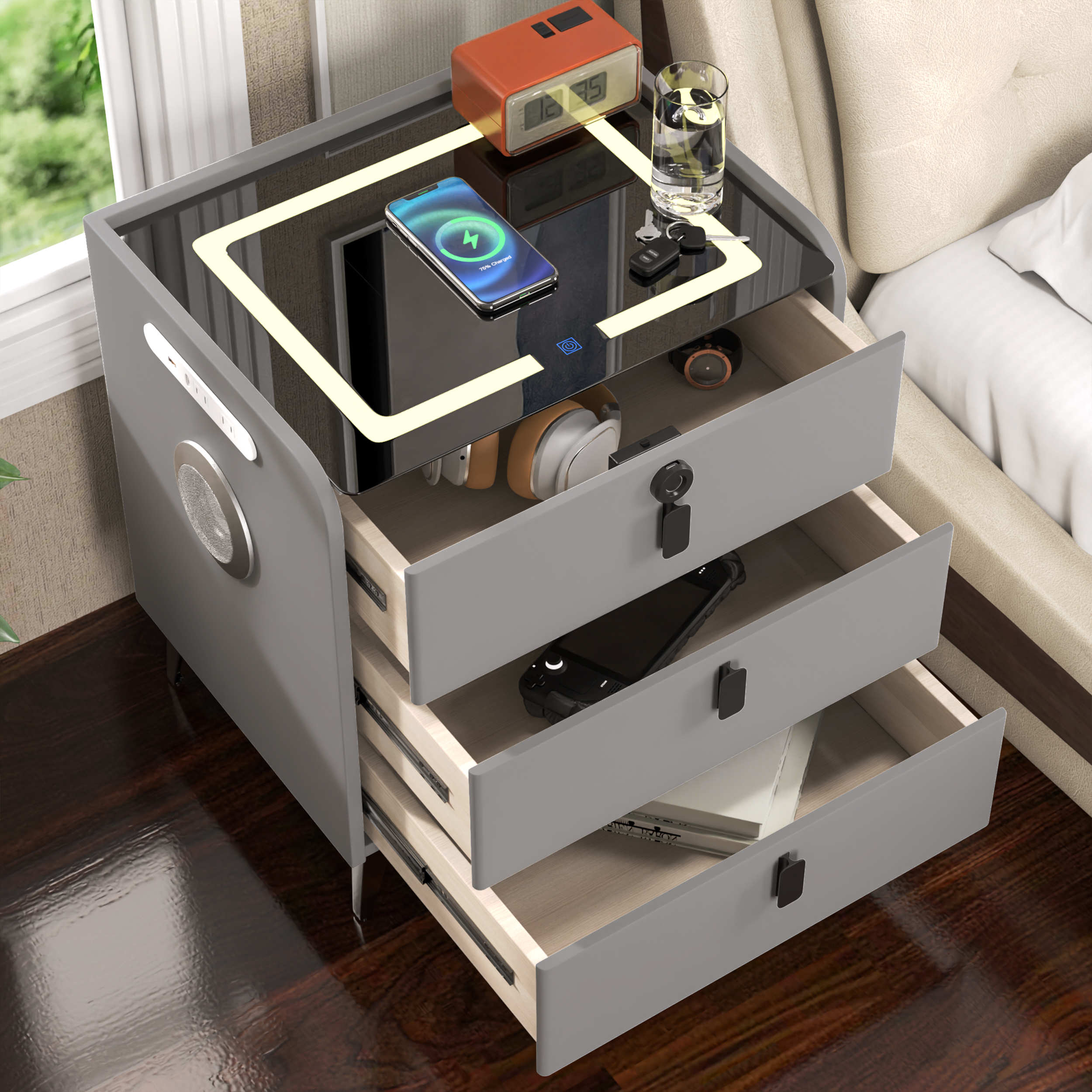 KPIBEST Modern bedroom smart bedside table, fingerprint unlocking ...