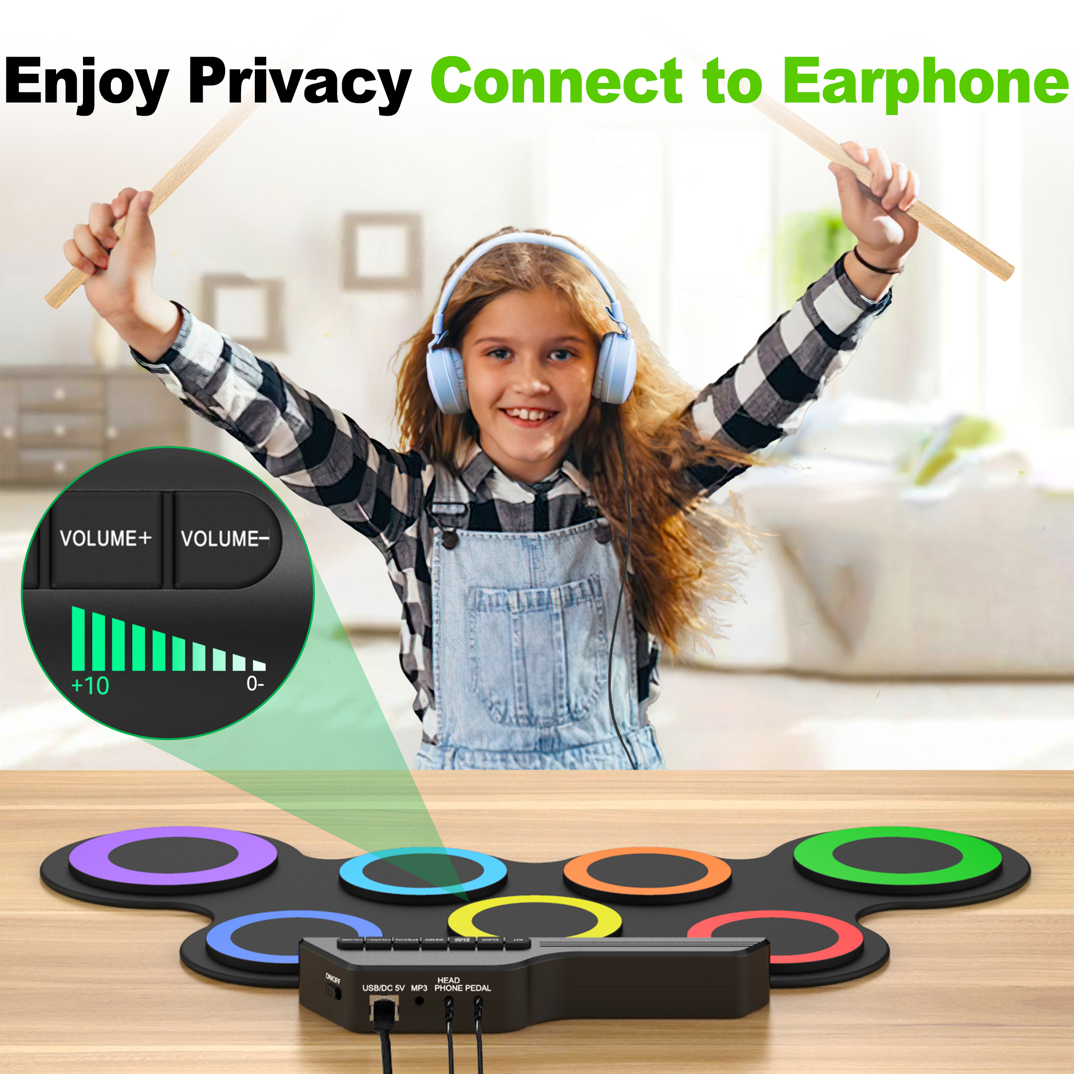 Potahouse Electronic Drum Set for Kids, 7 Pads, Roll-Up Silicone Kit ...