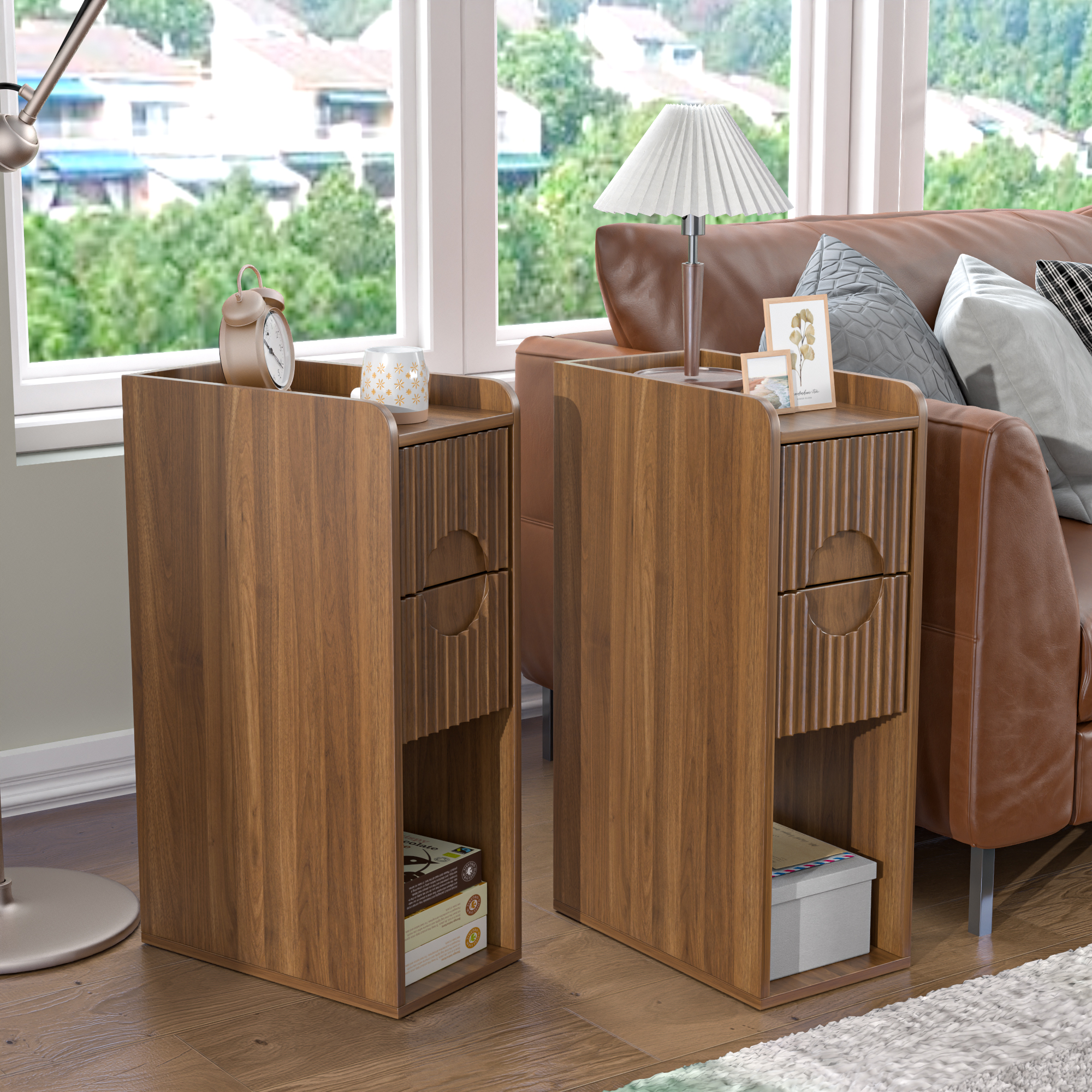 Narrow Nightstand Set of 2 with Drawers, Fluted Slim Side End Table ...