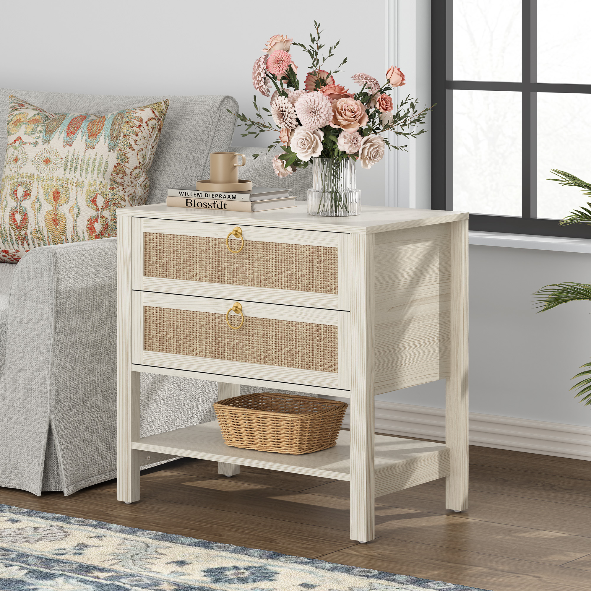 SICOTAS Cream White Rattan Nightstands Set of 2 with 2 Large Drawers ...