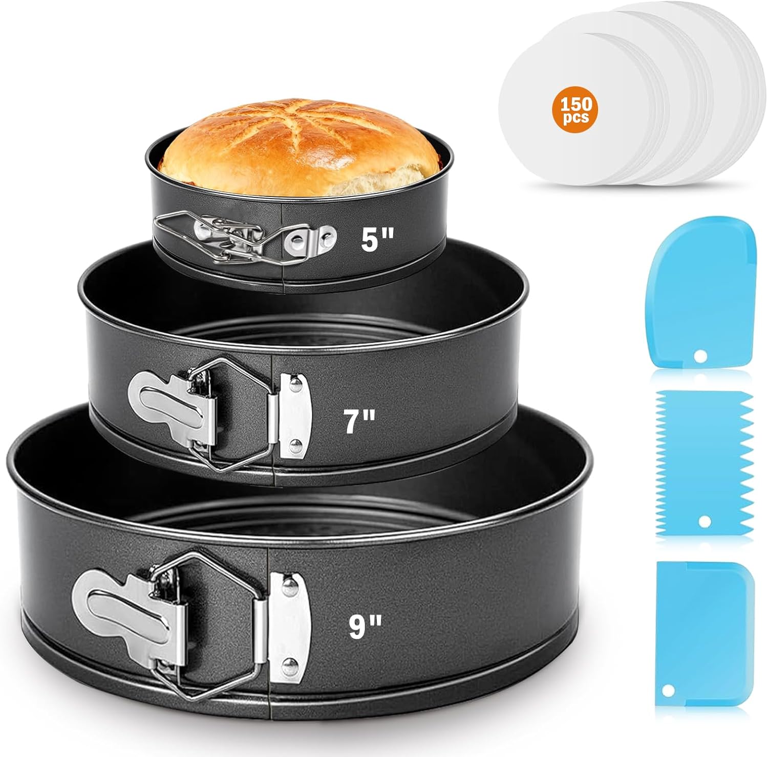 3-Piece Springform Cake Pan Set with Bonus Tools - 5"/7"/9" Round ...