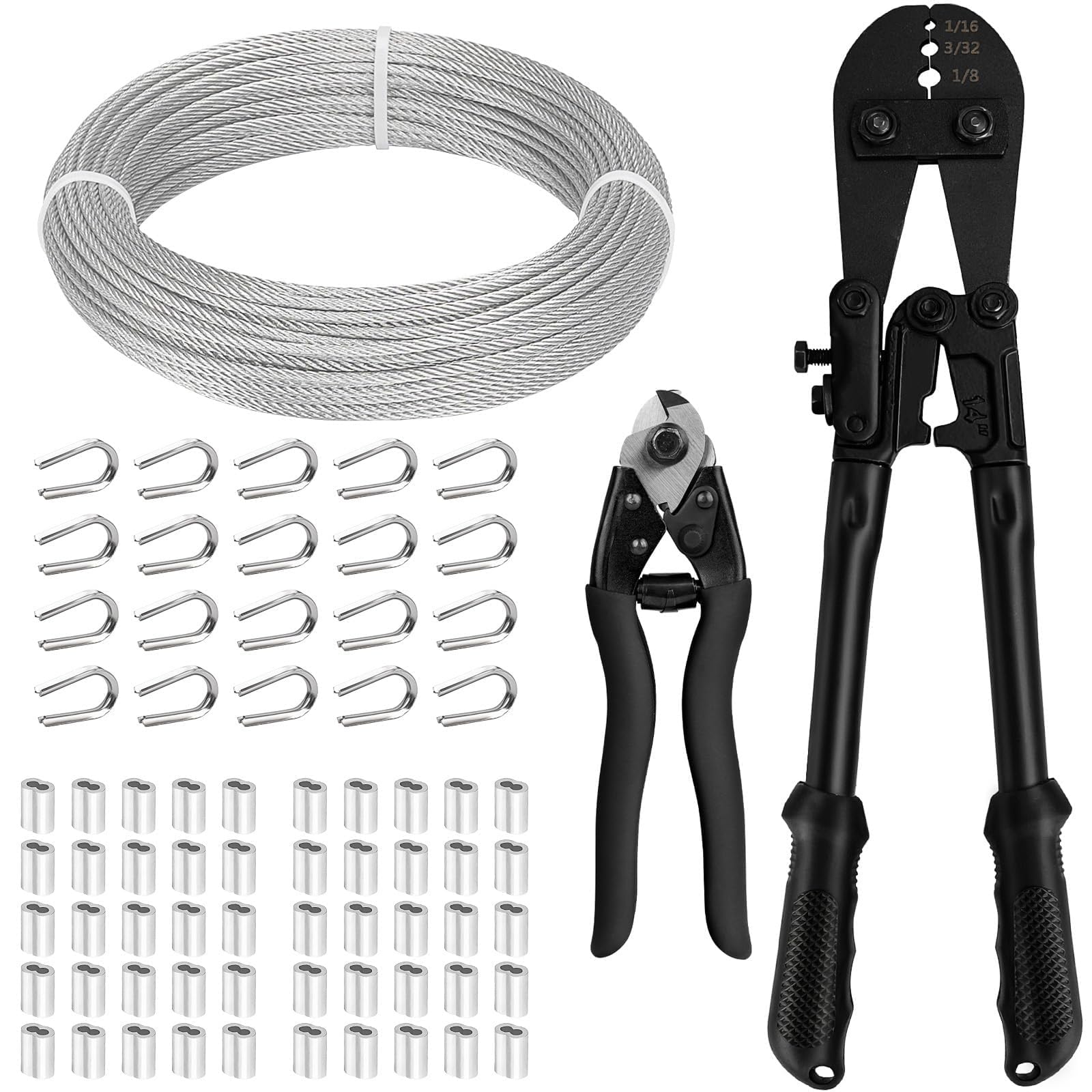 TooTaci Stainless Steel Cable, 100ft 1/8" Wire Rope with Wire Crimping ...