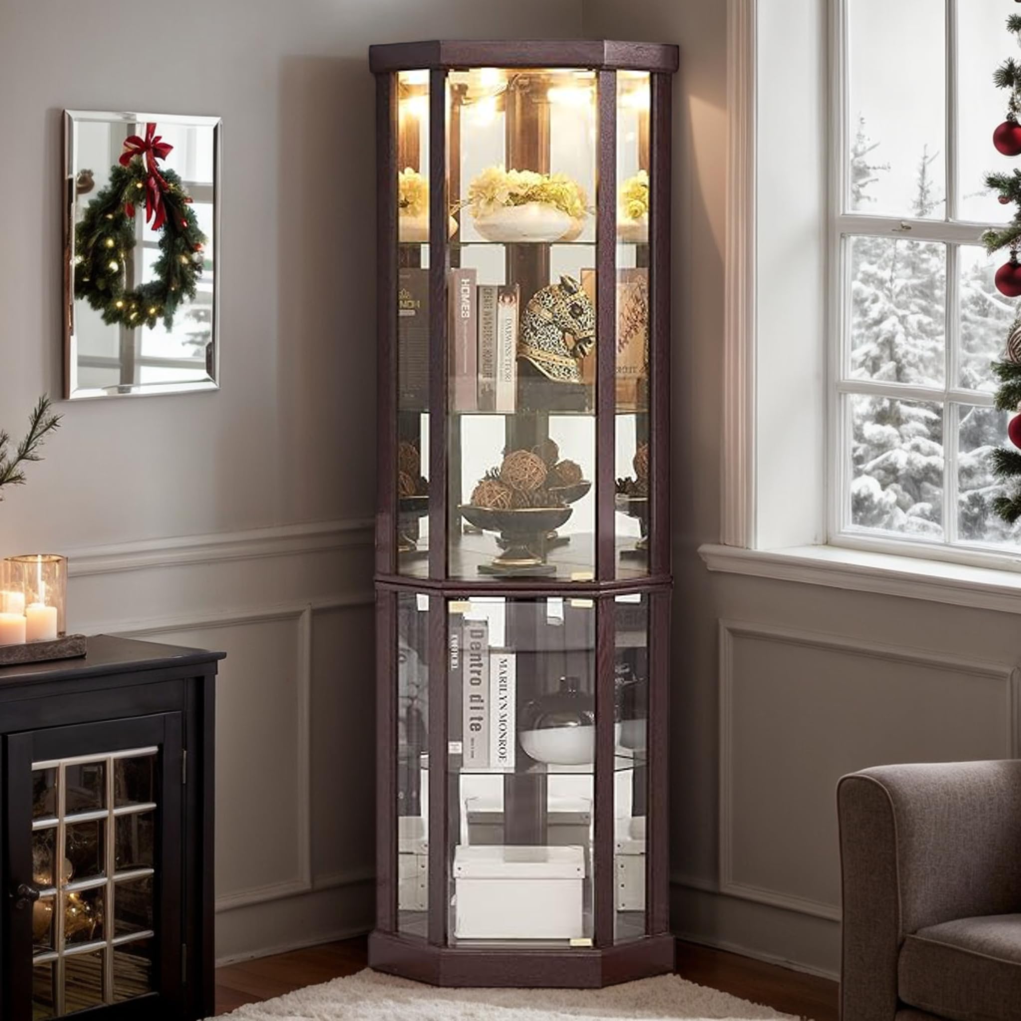 Curio Cabinet Lighted Glass Display Cabinet, Tempered Glass Door and ...