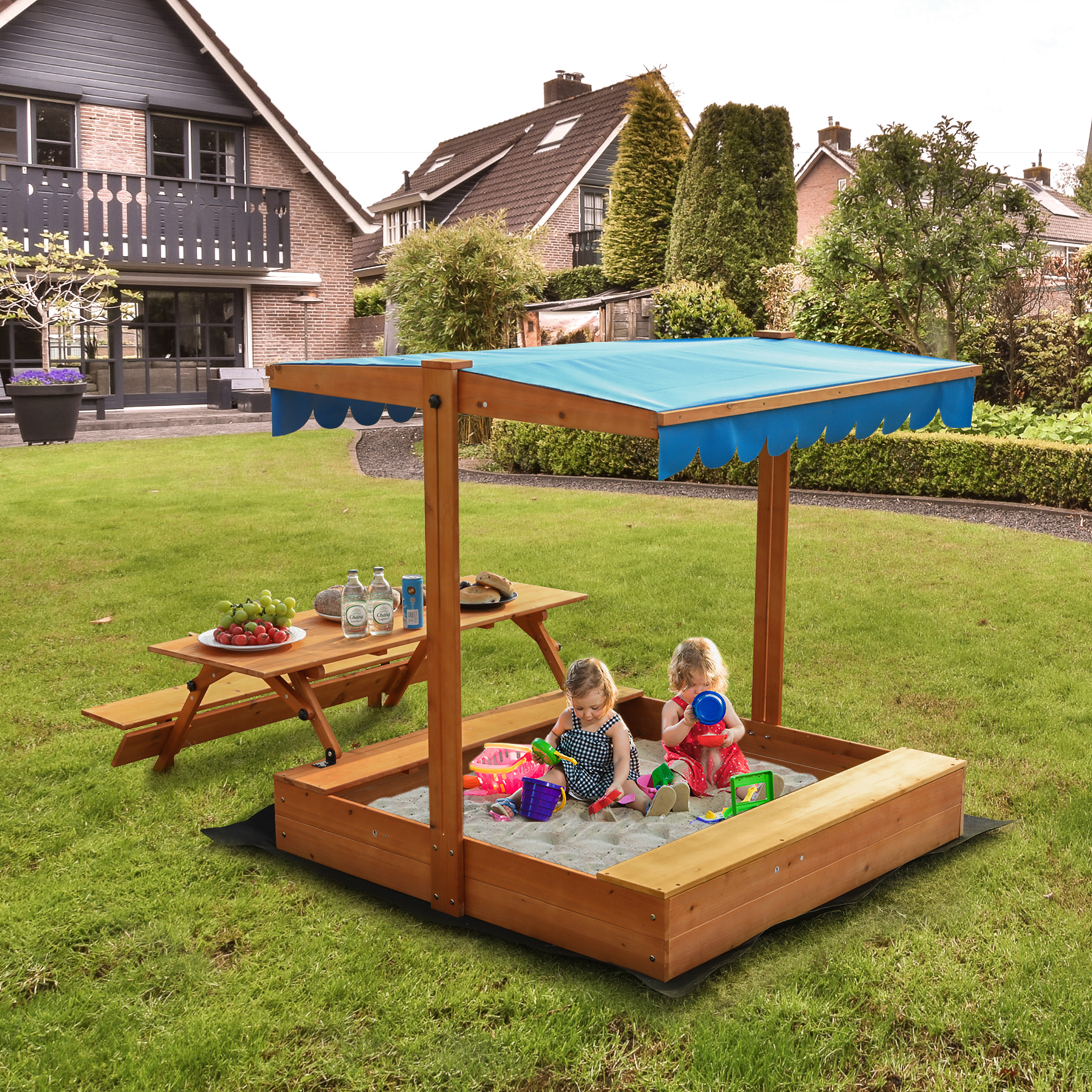 FUNTOK Wooden Sandbox for Kids, 76'' x 45'' x 45'' Sand Box with Cover ...