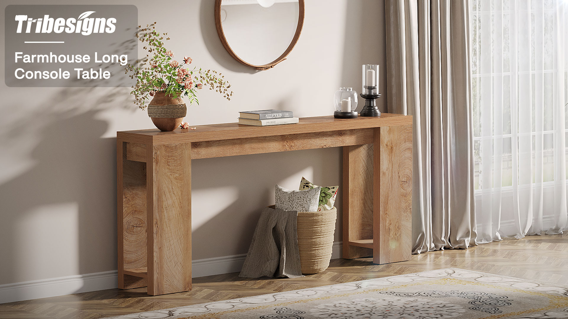 Finmind 71" Long Console Table, Narrow Light Brown Entryway Table Wood ...