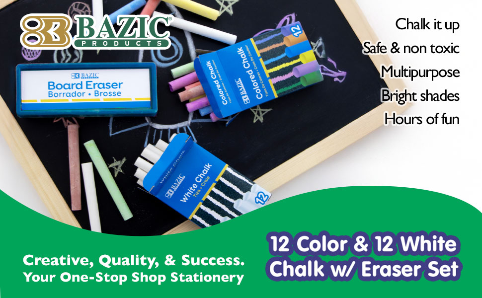 BAZIC Chalk Set, 12 Colored Chalk, 12 White Chalk, Chalkboard Eraser ...