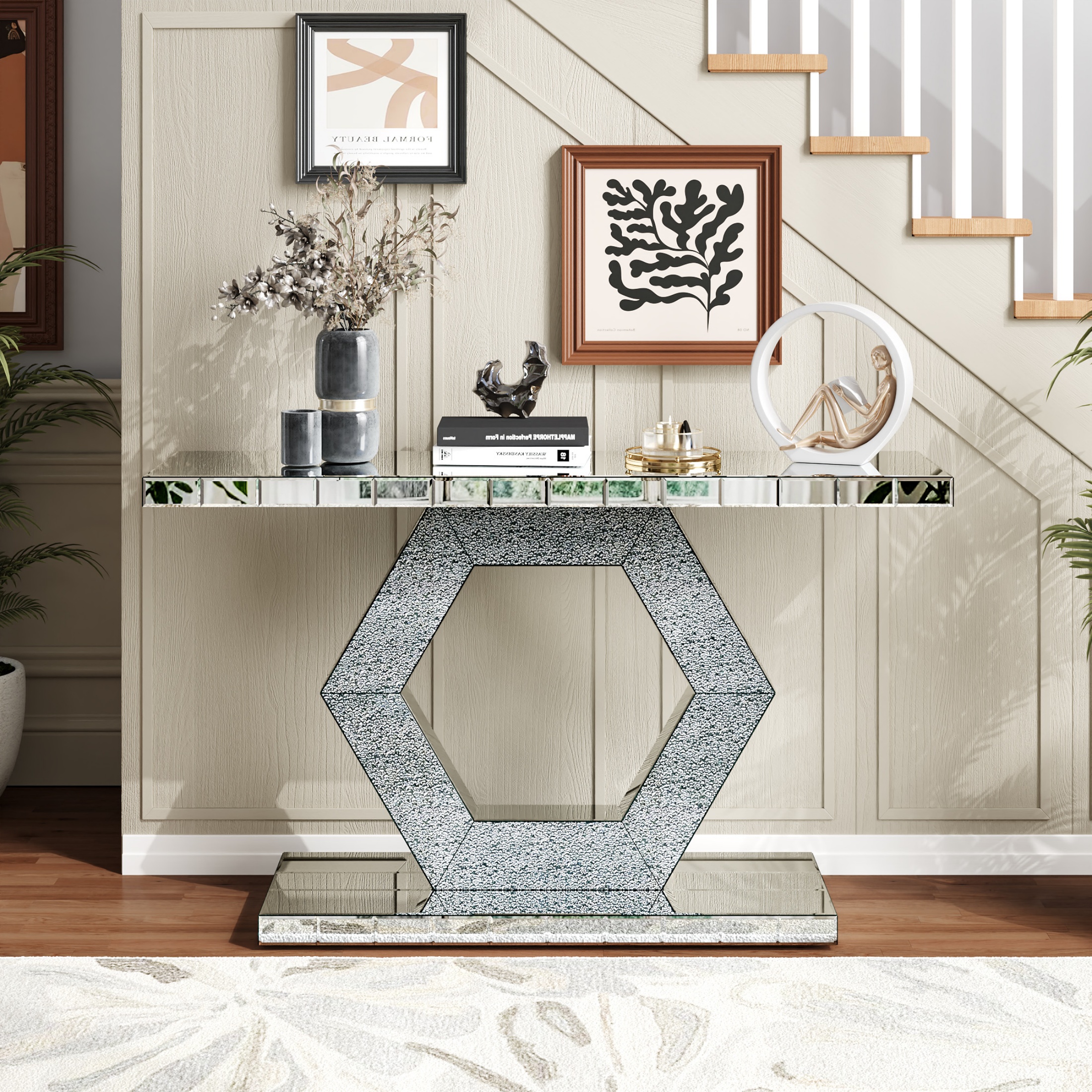 Atumcto 55" Mirrored Console Table with Hexagon Pedestal & Crushed Crystal Inlay, Tempered ...