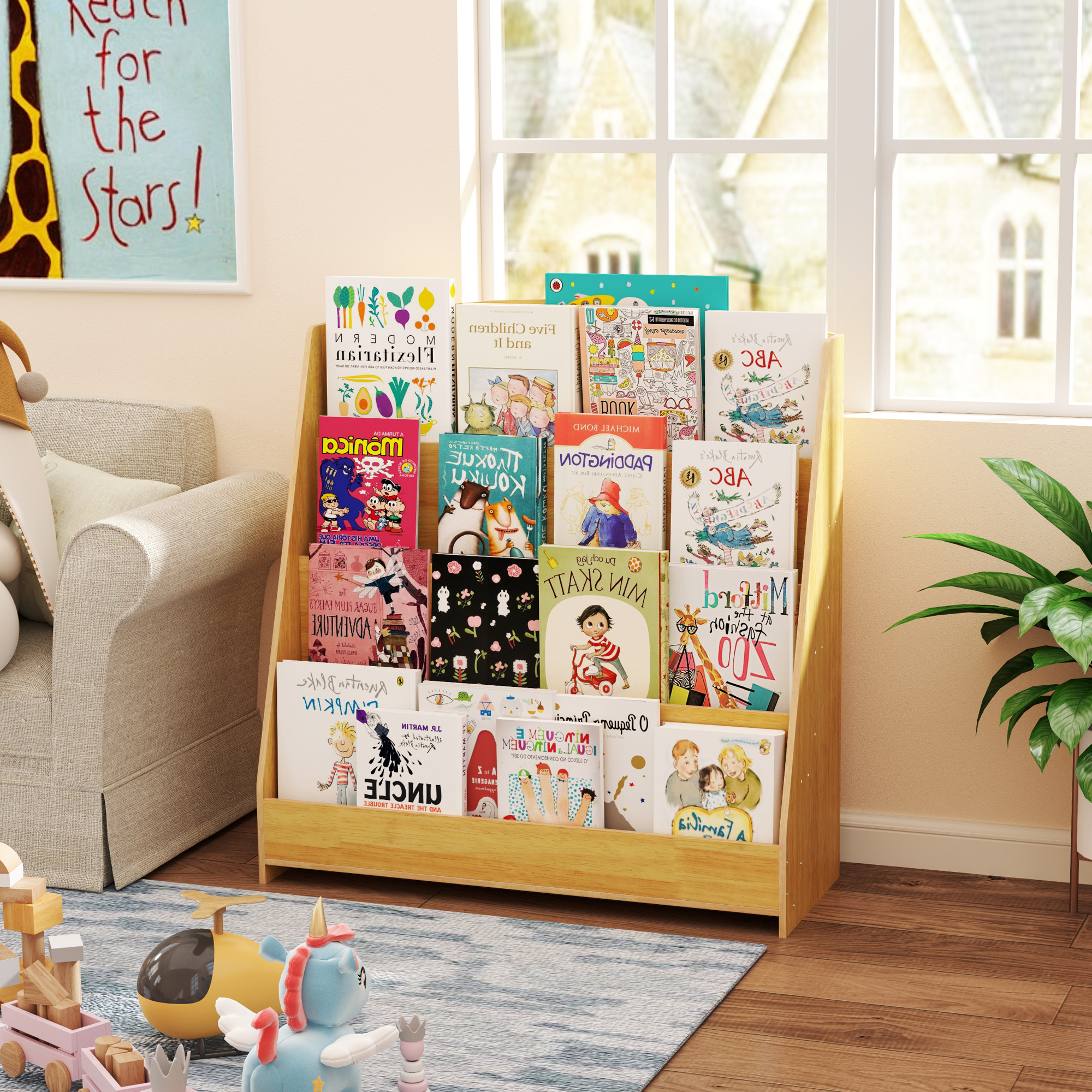 Qunbio 4 Tier Book Display Shelves, Montessori Bookshelf Wooden Book ...