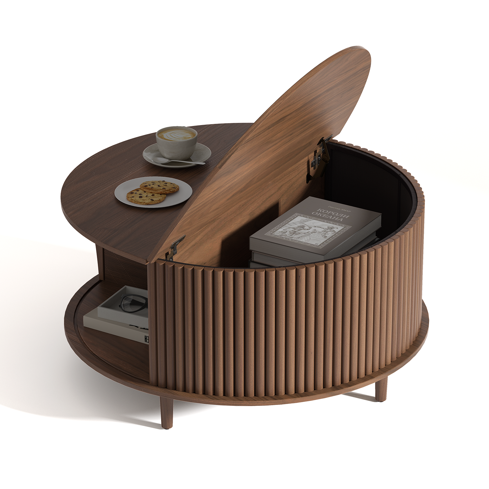 JOINICE Round Coffee Table with Storage and Sliding Door,Mid Century ...