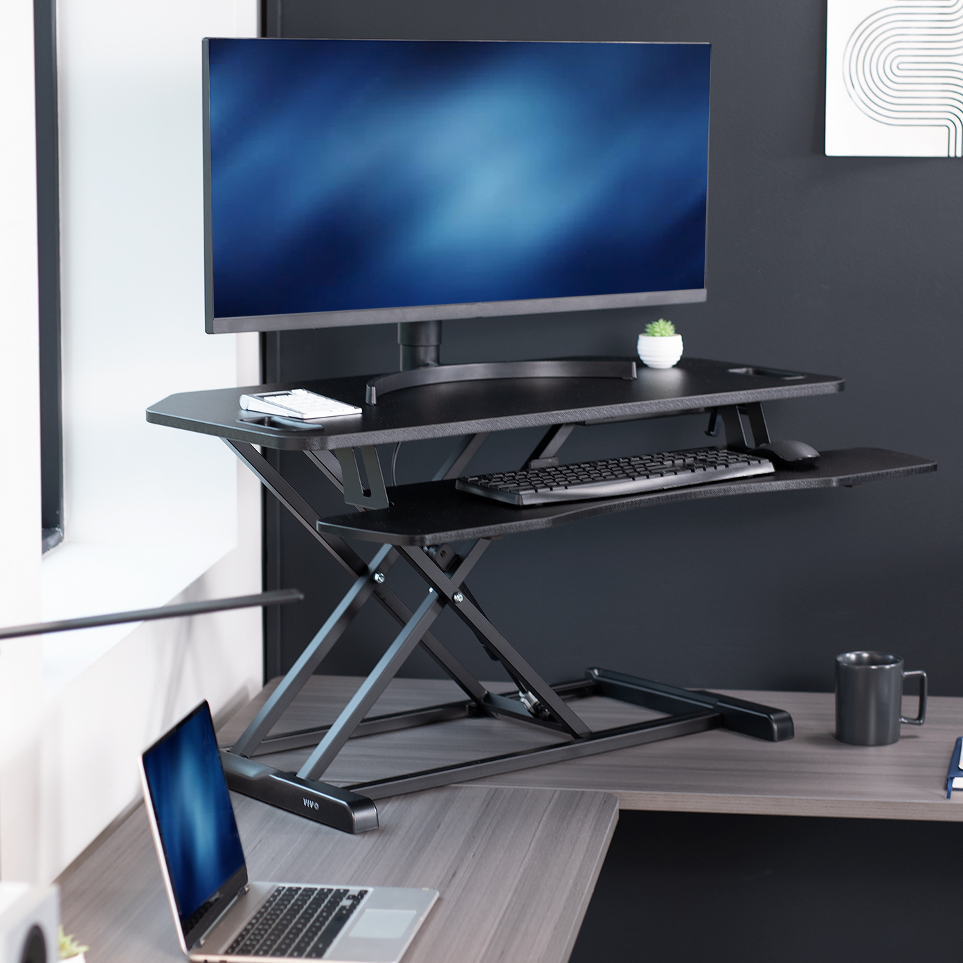 VIVO Corner 38" Desktop Sit-Stand Monitor Riser, Rustic Vintage Brown ...