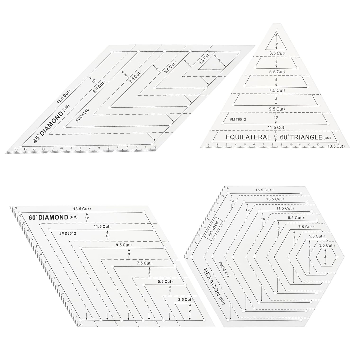 4Pcs Quilting Ruler, with 60 Degree Triangle and Diamond, 45 Degree Diamond, Hexagon Shape ...