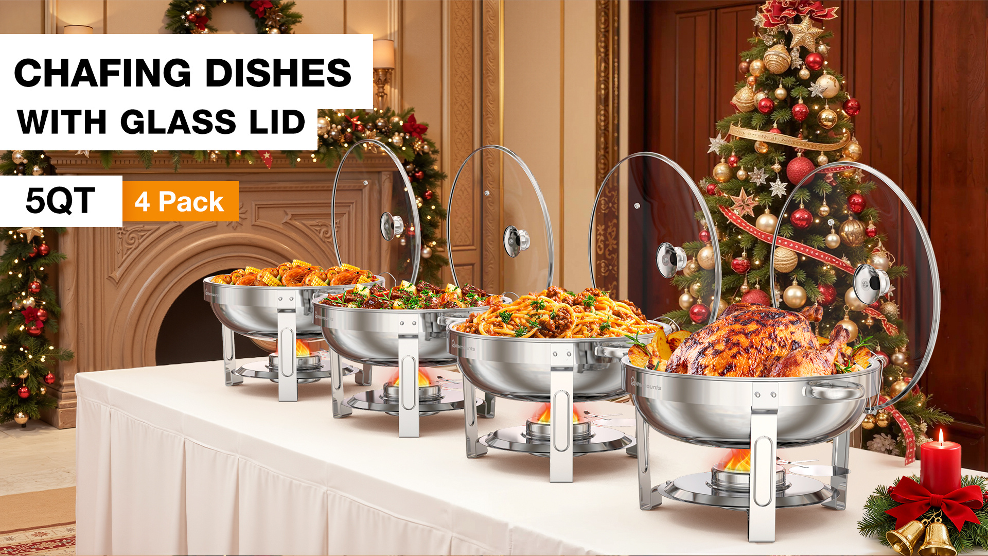 Warmounts, Round Chafing Dish Buffet Set, 5QT, 4 Pack, Stainless Steel ...