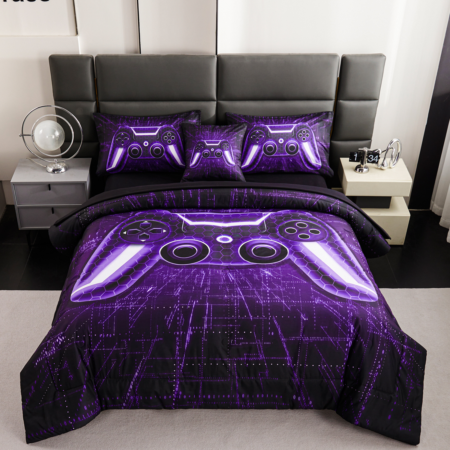 URBONUR Purple Gamer Boys Bedding Set Full Szie Lightnings Gamepad ...