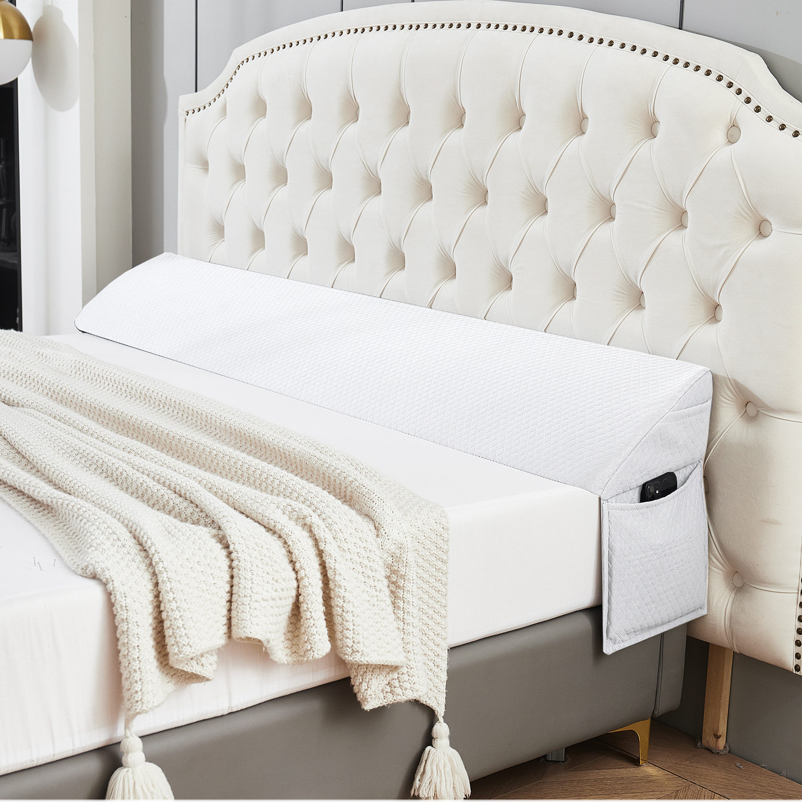 Oaskys Headboard Wedge Pillow, Memory Foam Pillow with Side Pockets ...