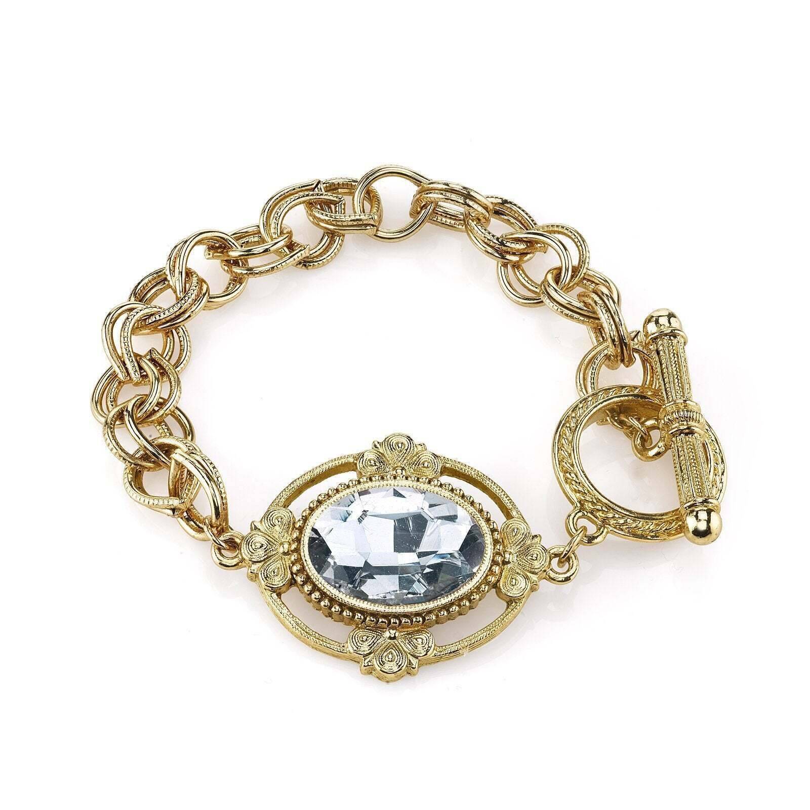 1928 Jewelry Gold Tone Crystal Faceted Oval Stone Toggle Link Charm ...