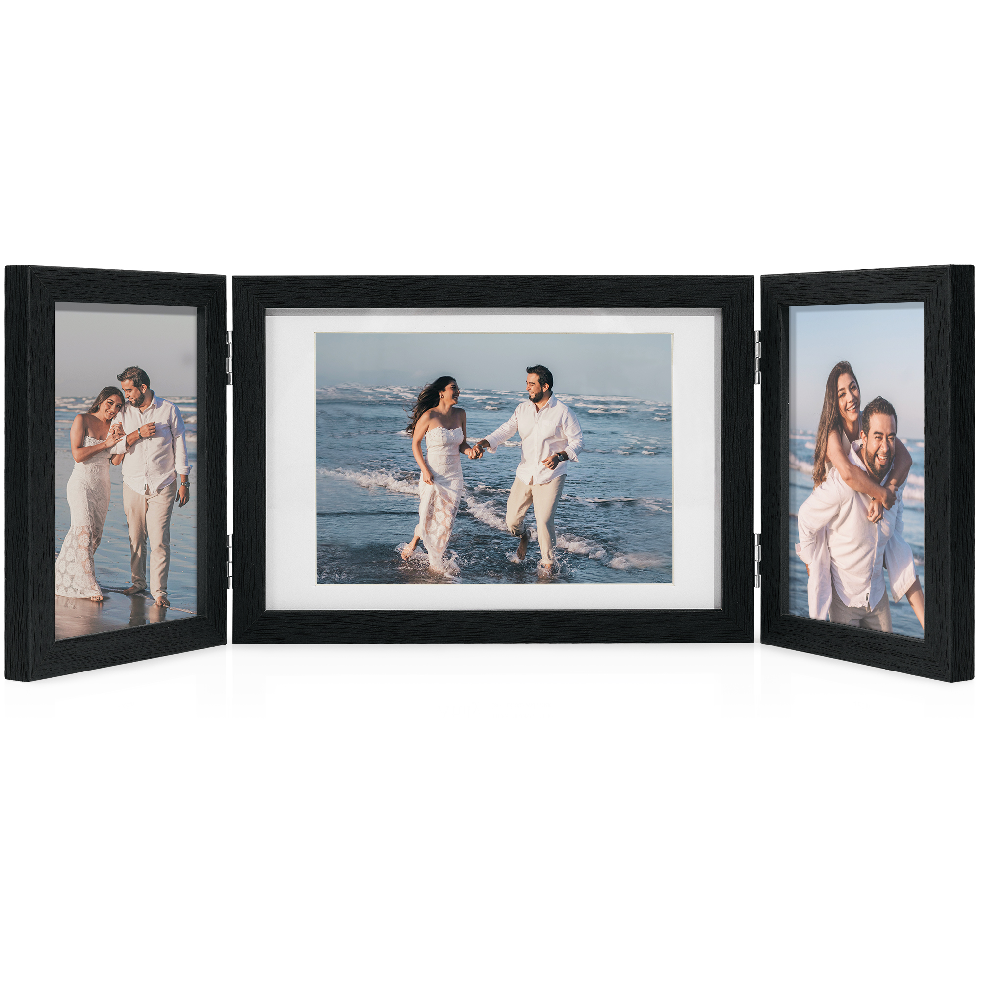SUMGAR 5x7 & 4x6 Triple Black Picture Frames, Hinged Tabletop or Wall ...