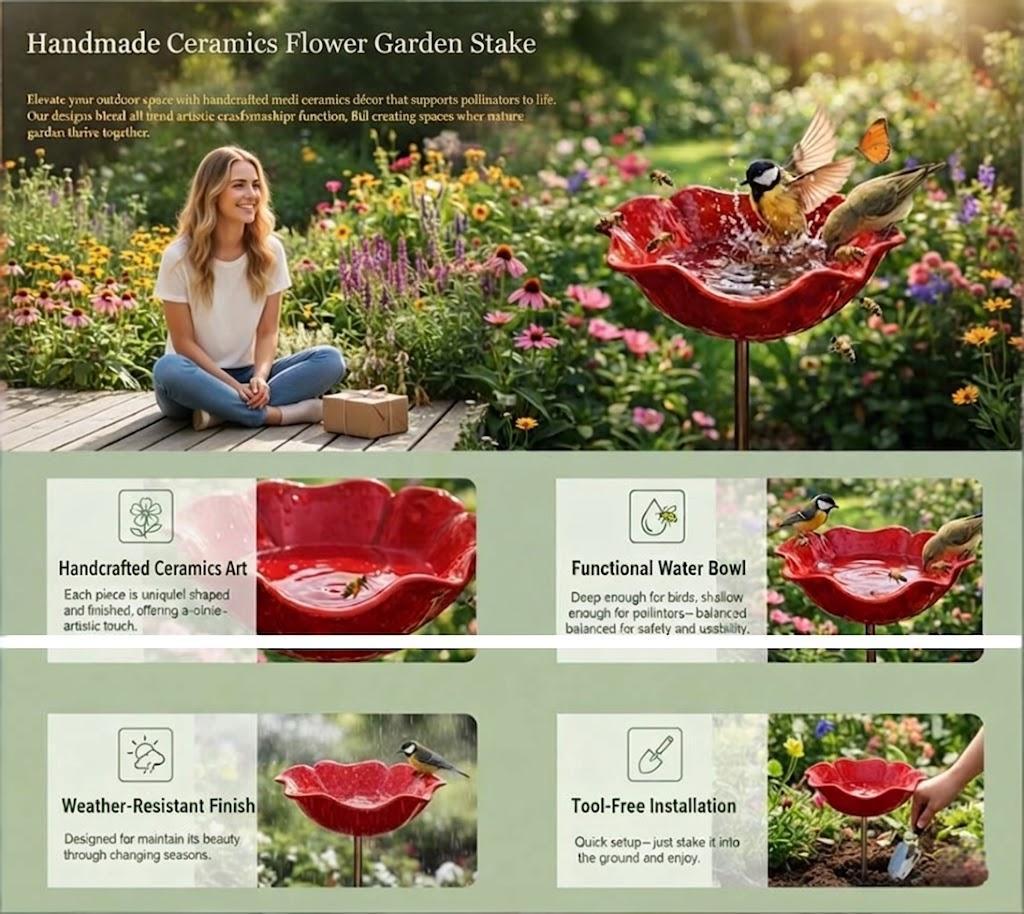 Ceramics Flower Garden Stakes Bird Bath Handmade, Bee Watering Station ...