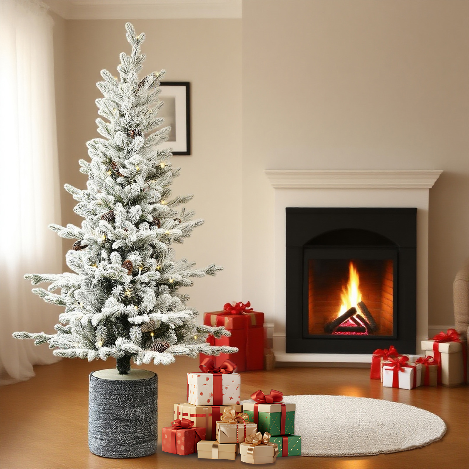 4.5FT Artificial White Christmas Tree, Flocked Christmas Tree, 150 Warm ...