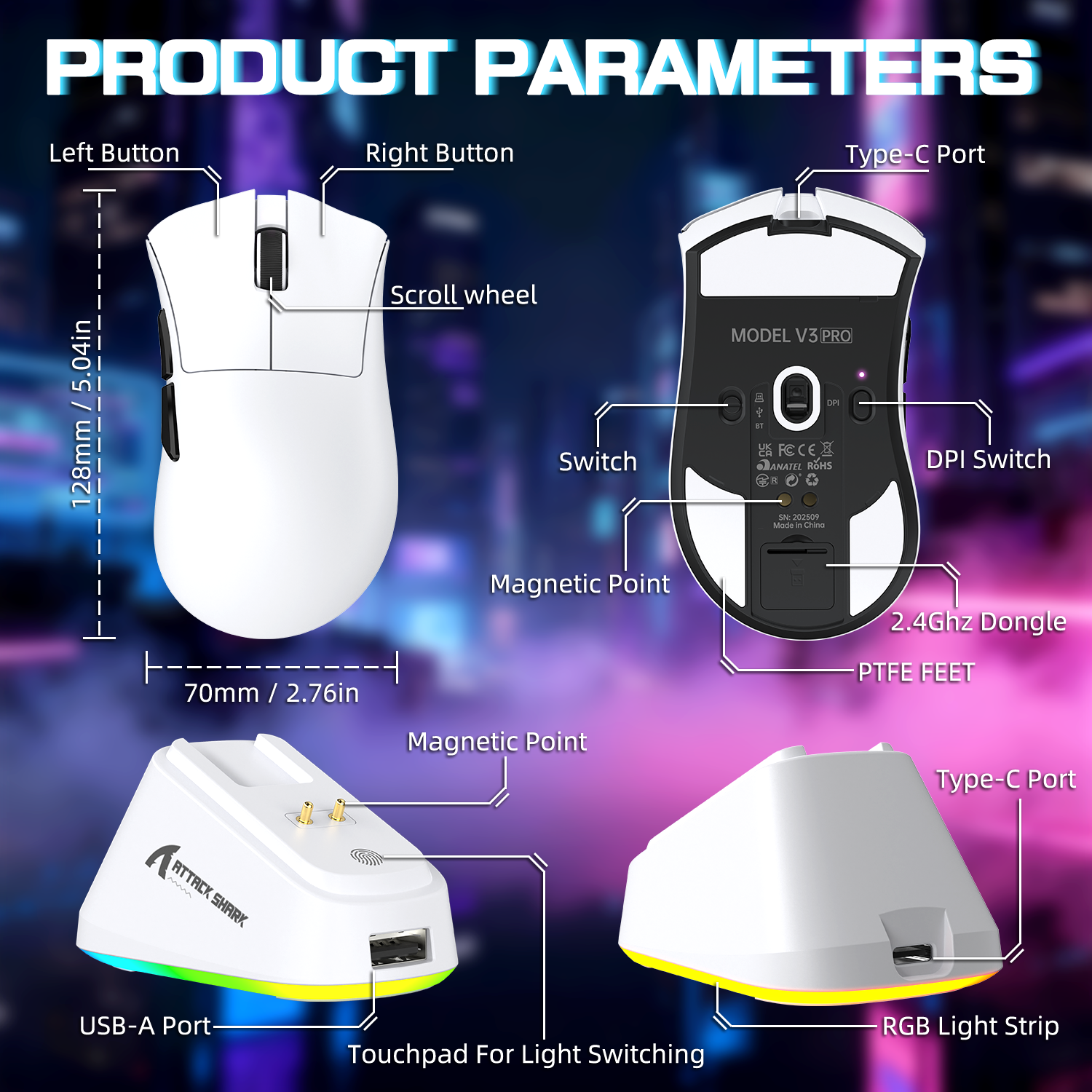 ATTACK SHARK V3 PRO Wireless Gaming Mouse with RGB Charging Dock, 62g ...