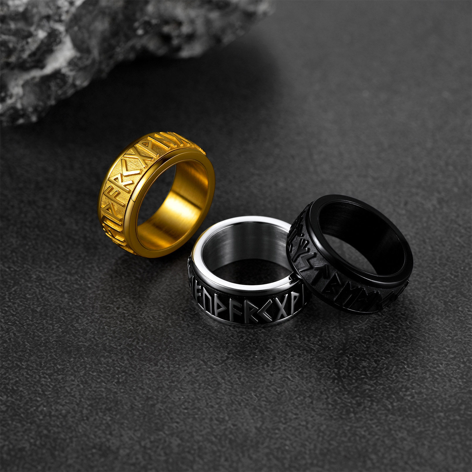 FaithHeart Nordic Viking Spinner Runes Ring for Men Black Punk Thumb ...