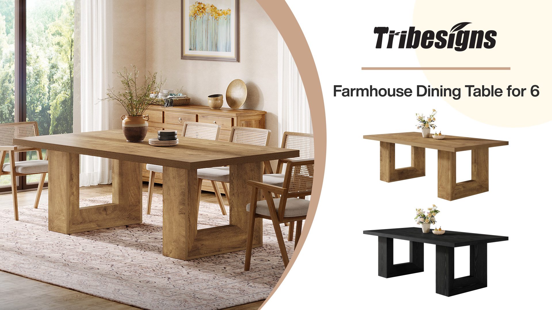 Finmind Farmhouse Dining Table for 4-6 People, 63-inch Rectangular ...
