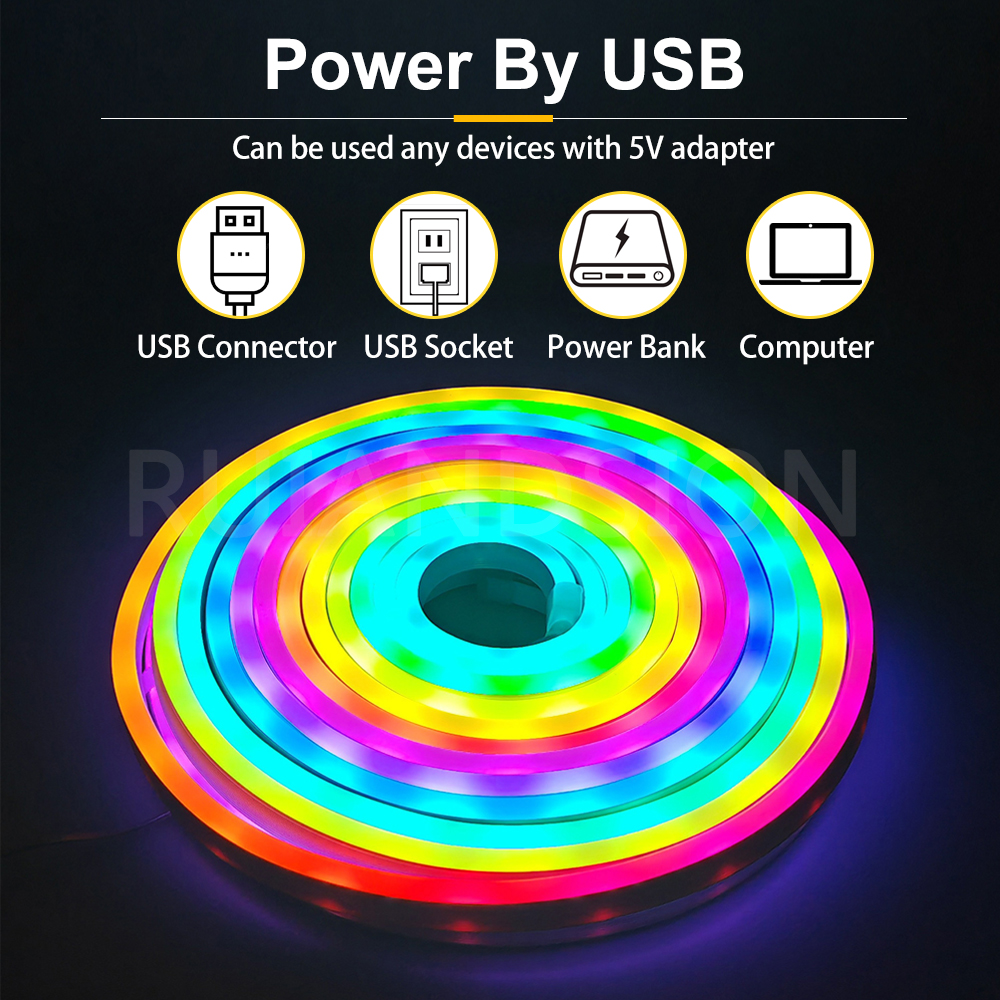Ruiandsion RGBIC 16.4ft LED Neon Strip Light, DC 5V USB Bluetooth App ...