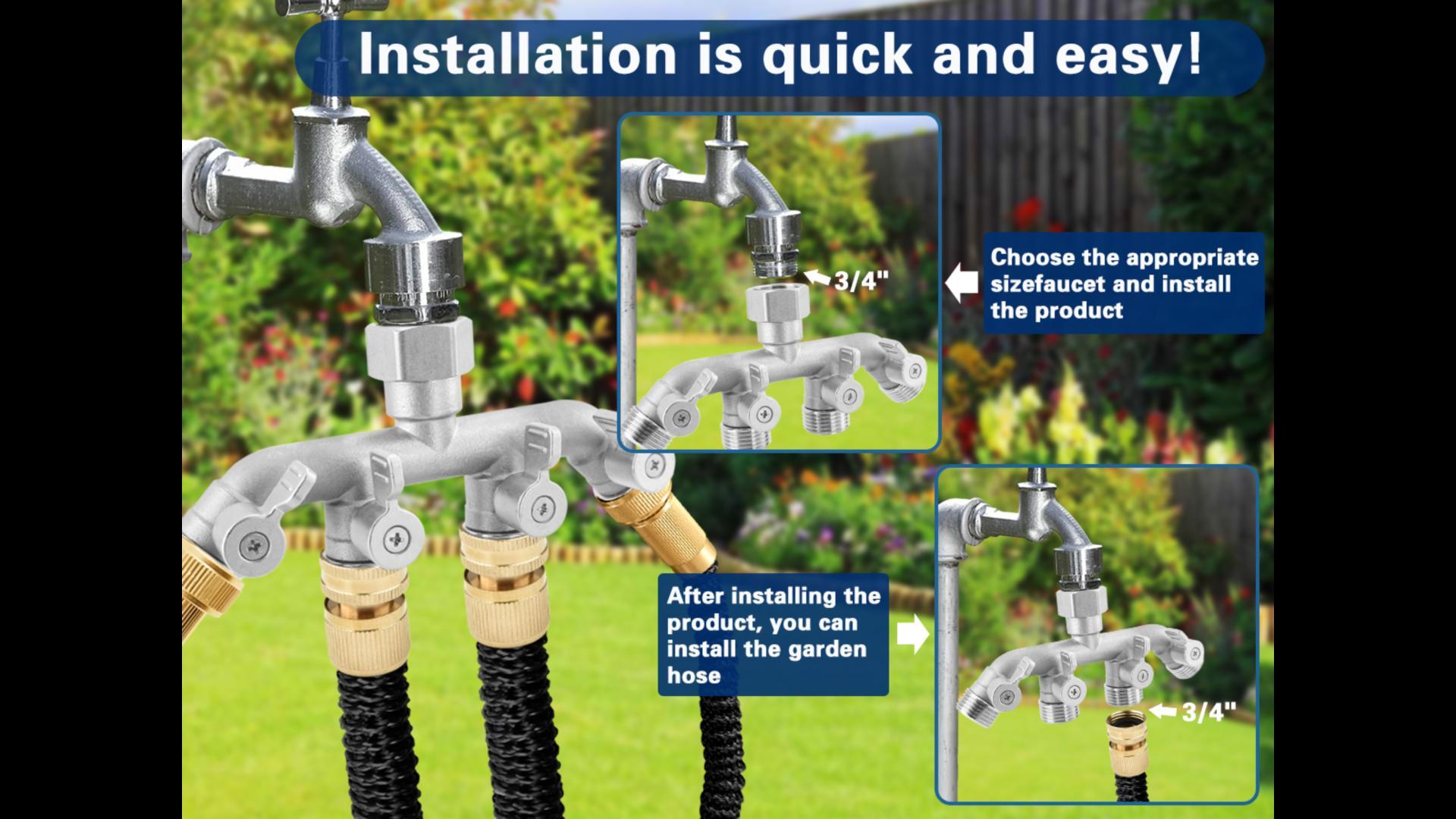 4-Way Garden Hose Splitter, 3/4" GHT 304 Stainless Steel Hose Manifold ...