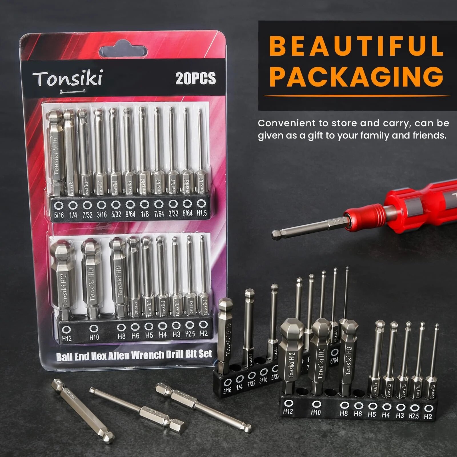 "Tonsiki Allen Wrench Drill Bit Set, 24pcs Metric & SAE Ball End, 1/4"" Hex Shank S2 Steel ...