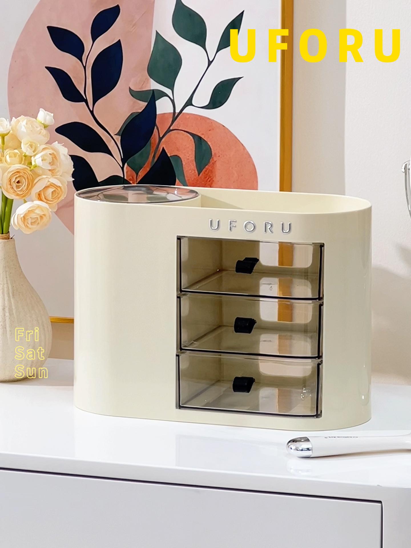 UFORU Makeup Organizer – White countertop case with pop-up brush holder ...