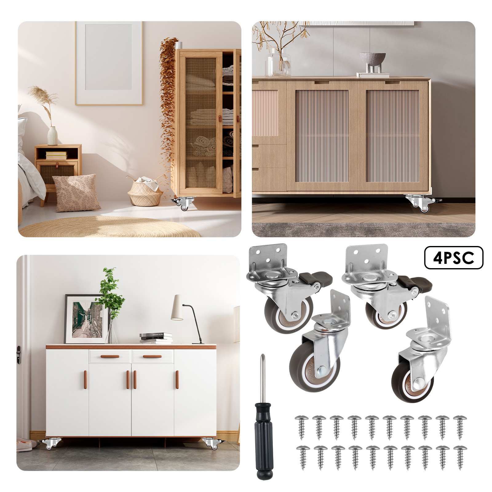 FUYGRCJ 4Pcs L Shaped Caster Wheel Set 1/1.5/2inch Soft Rubber Side ...