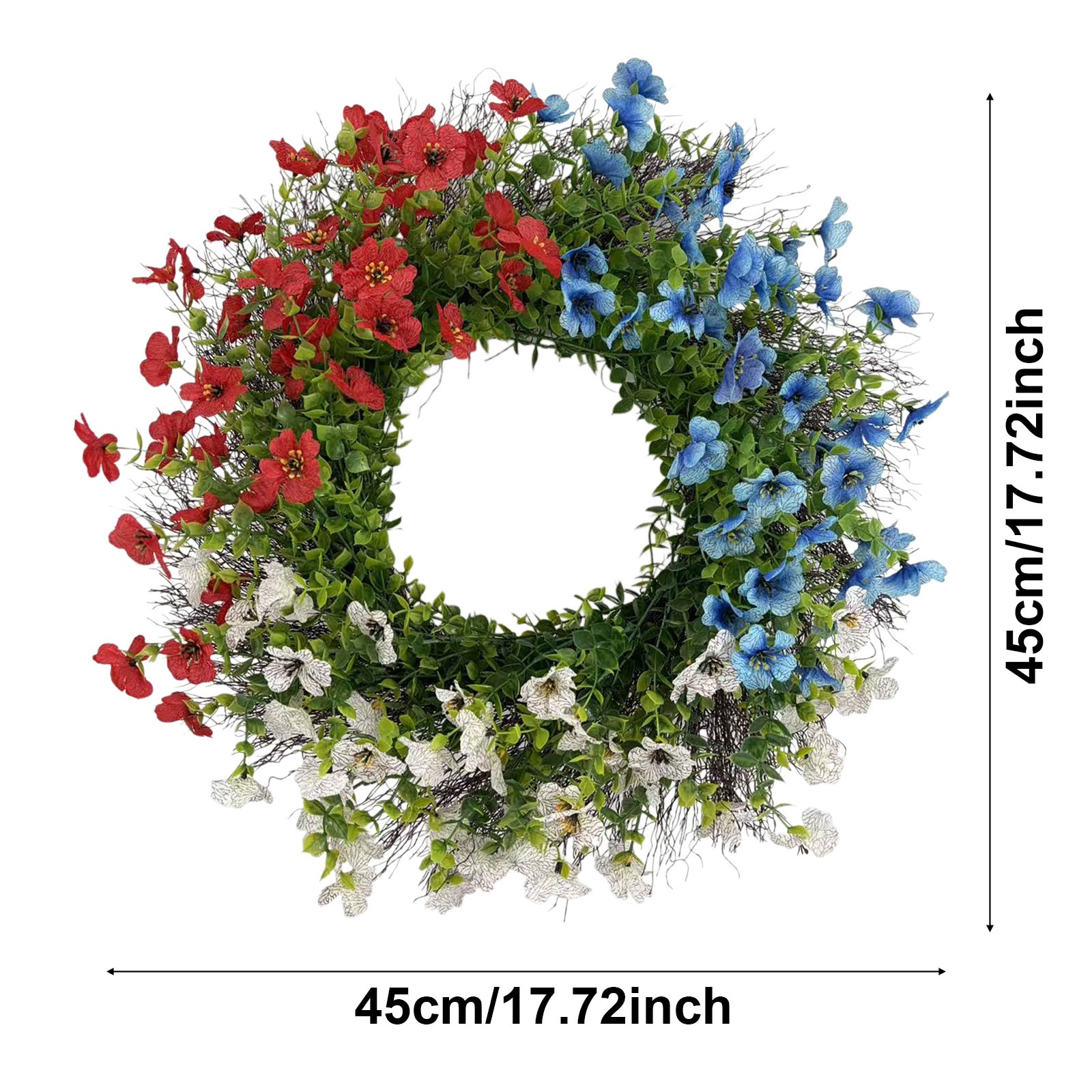4th of July Patriotic Floral Wreath, 45cm/17.72in Red White Blue ...