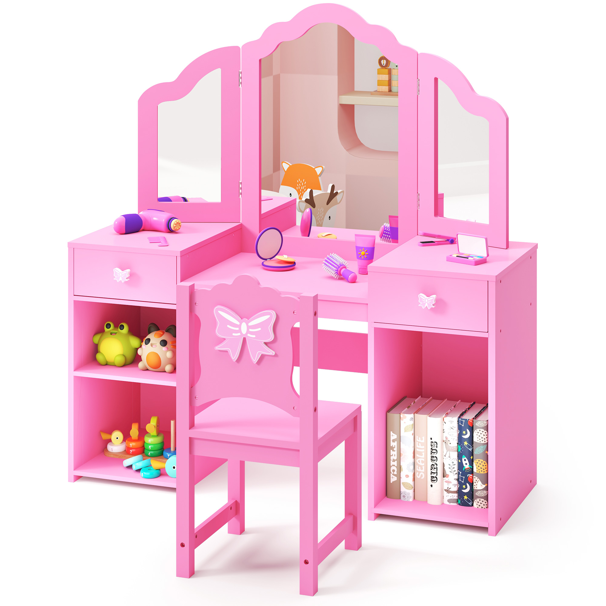iYofe Kids Vanity Set with Chair, Tri-fold Mirror, Detachable Desk ...