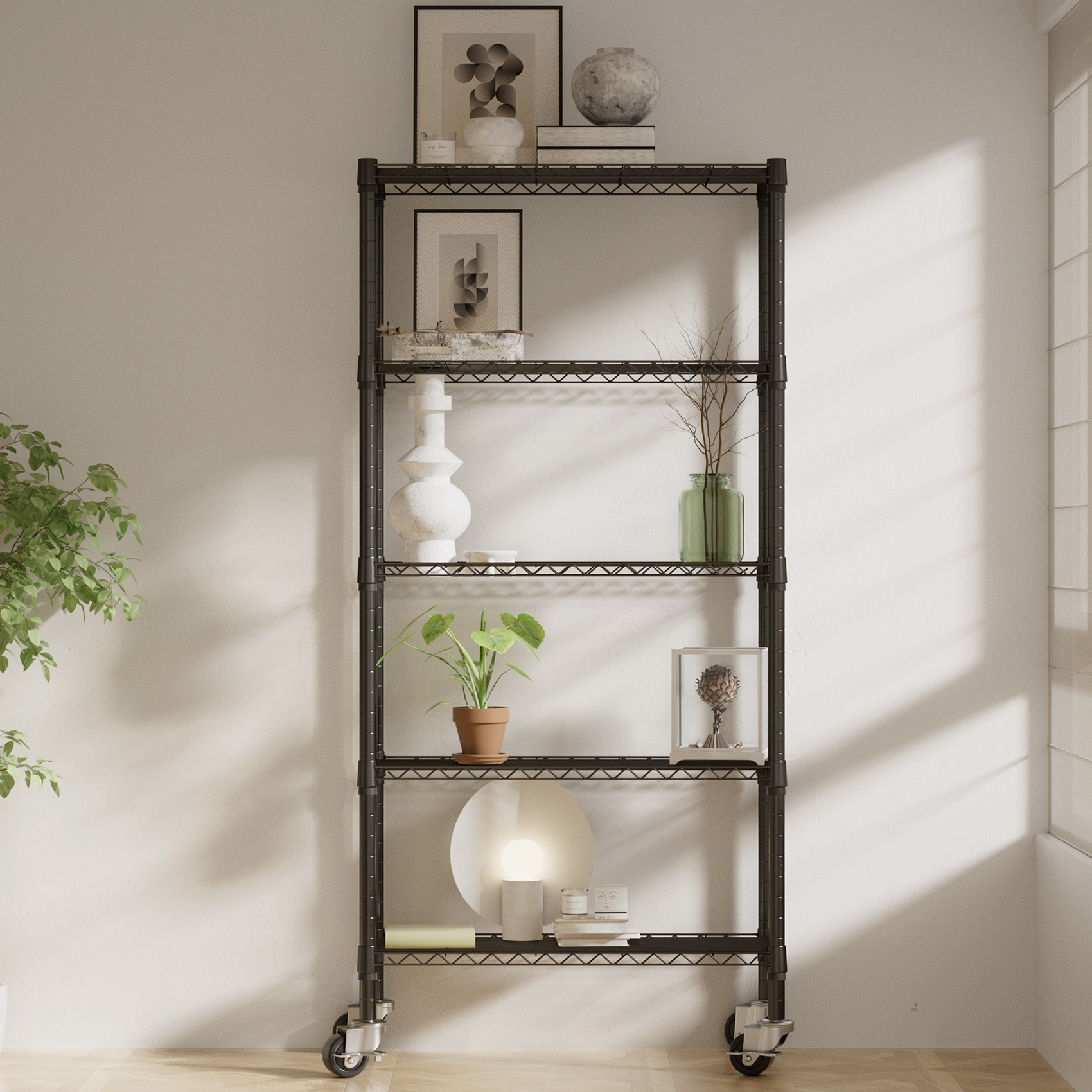 5 Tier Metal Wire Shelving with Wheels, Heavy Duty Adjustable Rolling ...