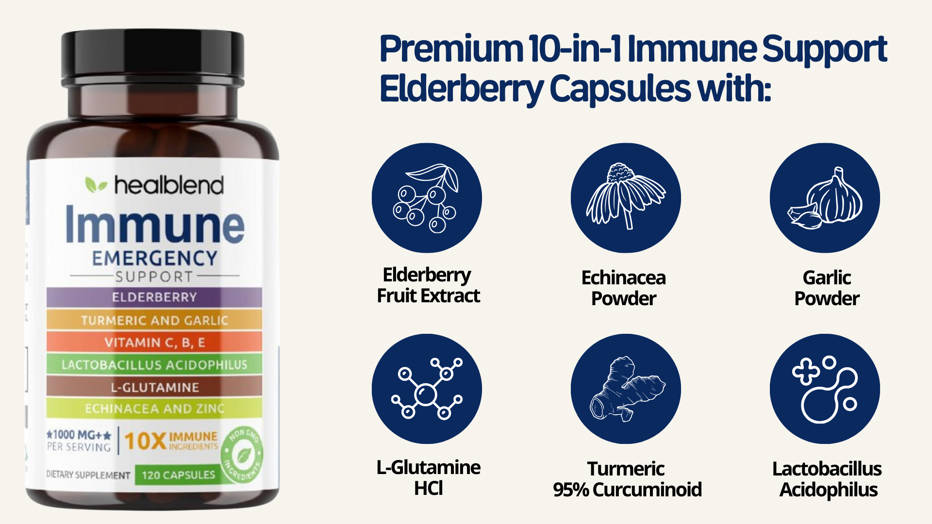 Healblend 10 in 1 Immune Support, Elderberry, Zinc, Echinacea, Turmeric ...
