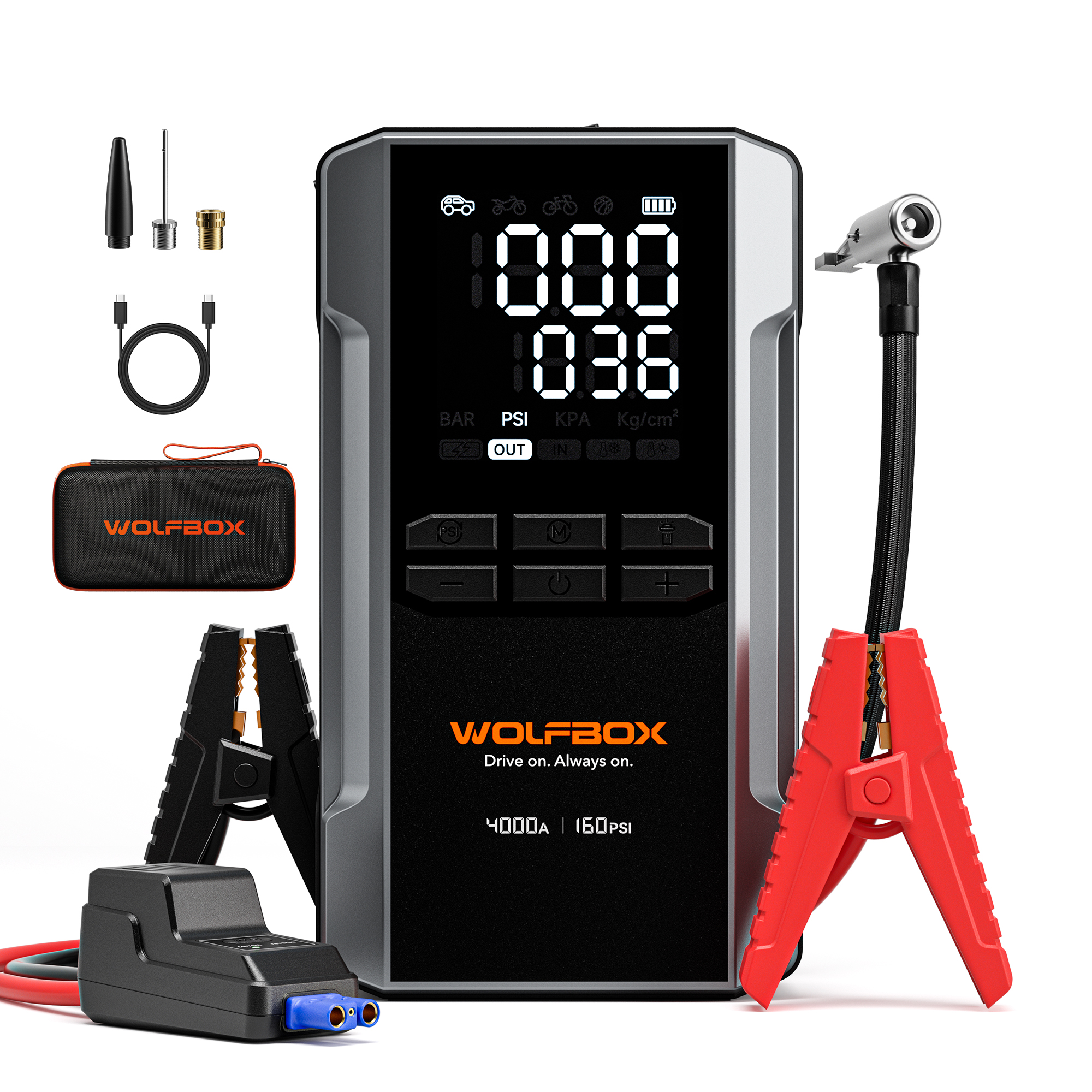WOLFBOX 4000A Jump Starter with 160PSI Air Compressor, 65W Fast Charge, 24000mAh Battery Booster ...