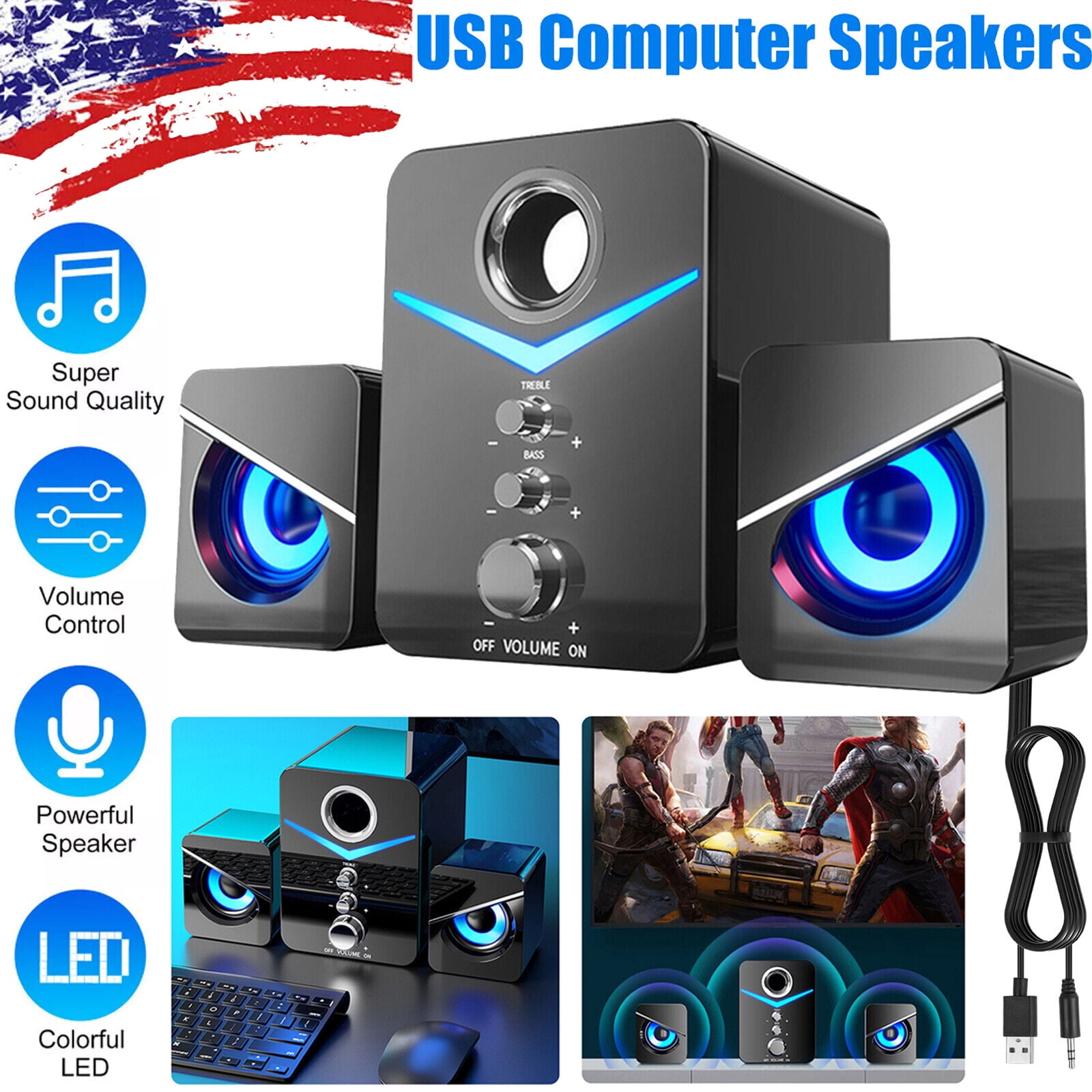 Lohoms 1PC 3 in 1 Surround Sound Computer Speakers with Subwoofer, LED ...