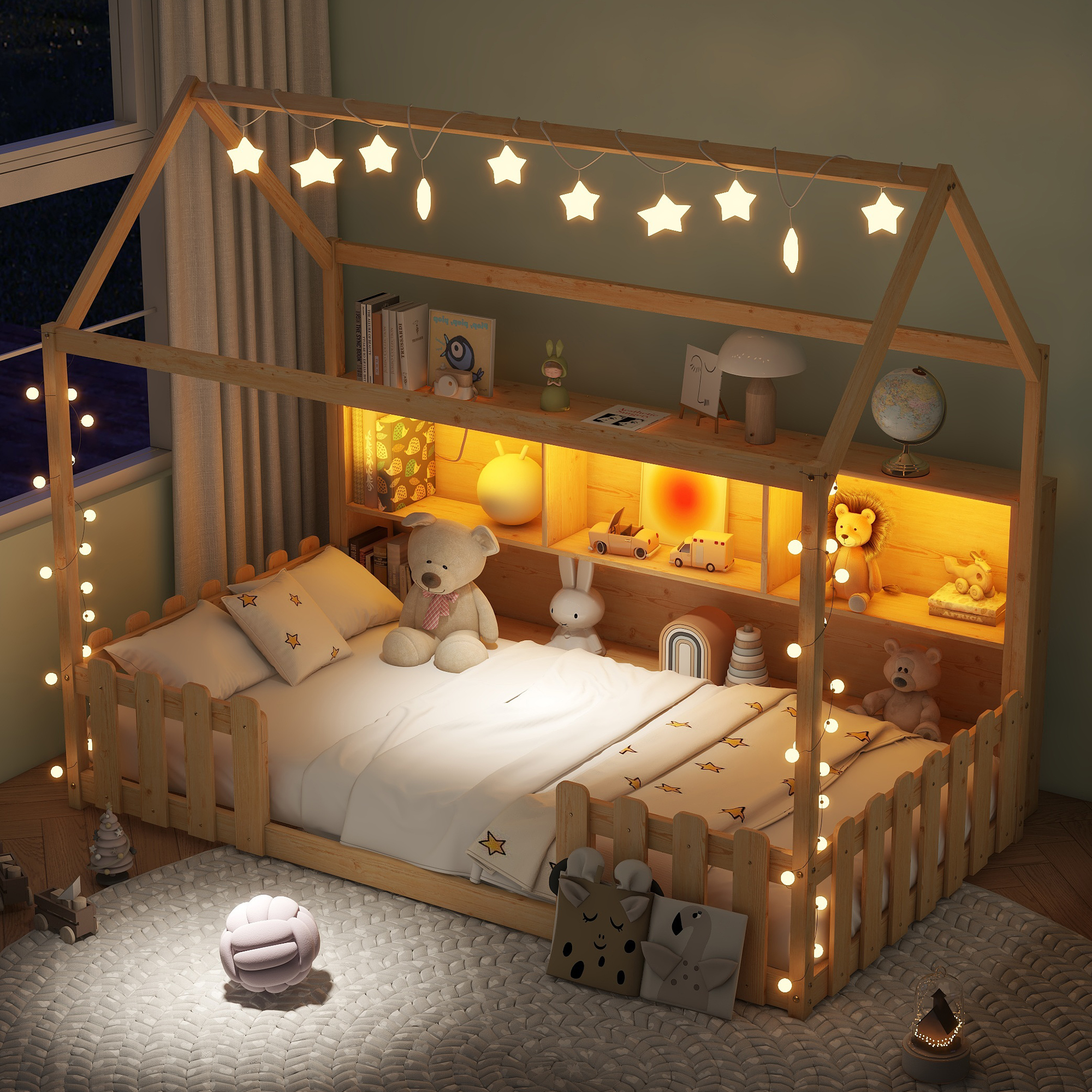 Mirightone Twin Size House Bed with LED Light and Fence Guardrails ...